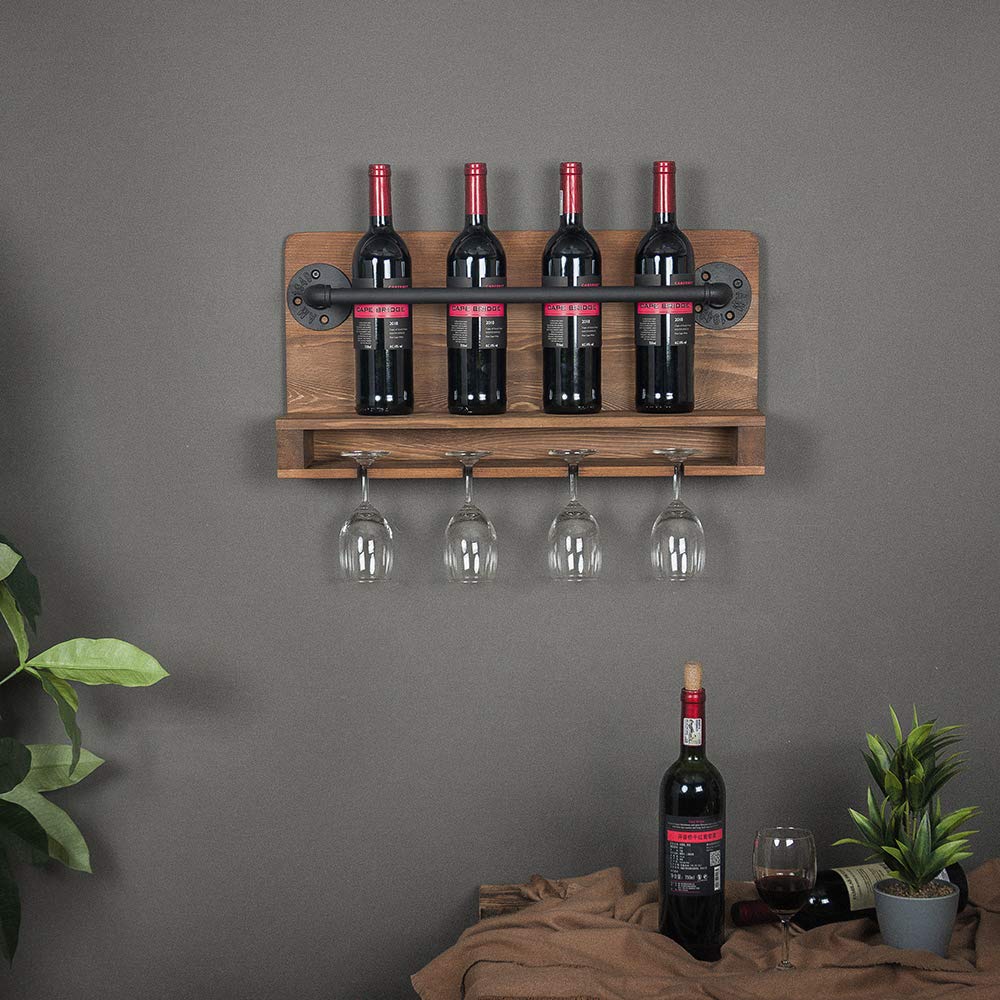 KINMADE Industrial Wine Racks Wall Mounted with Stem Glass Holder,Metal Hanging Wine Holder Wine Accessories