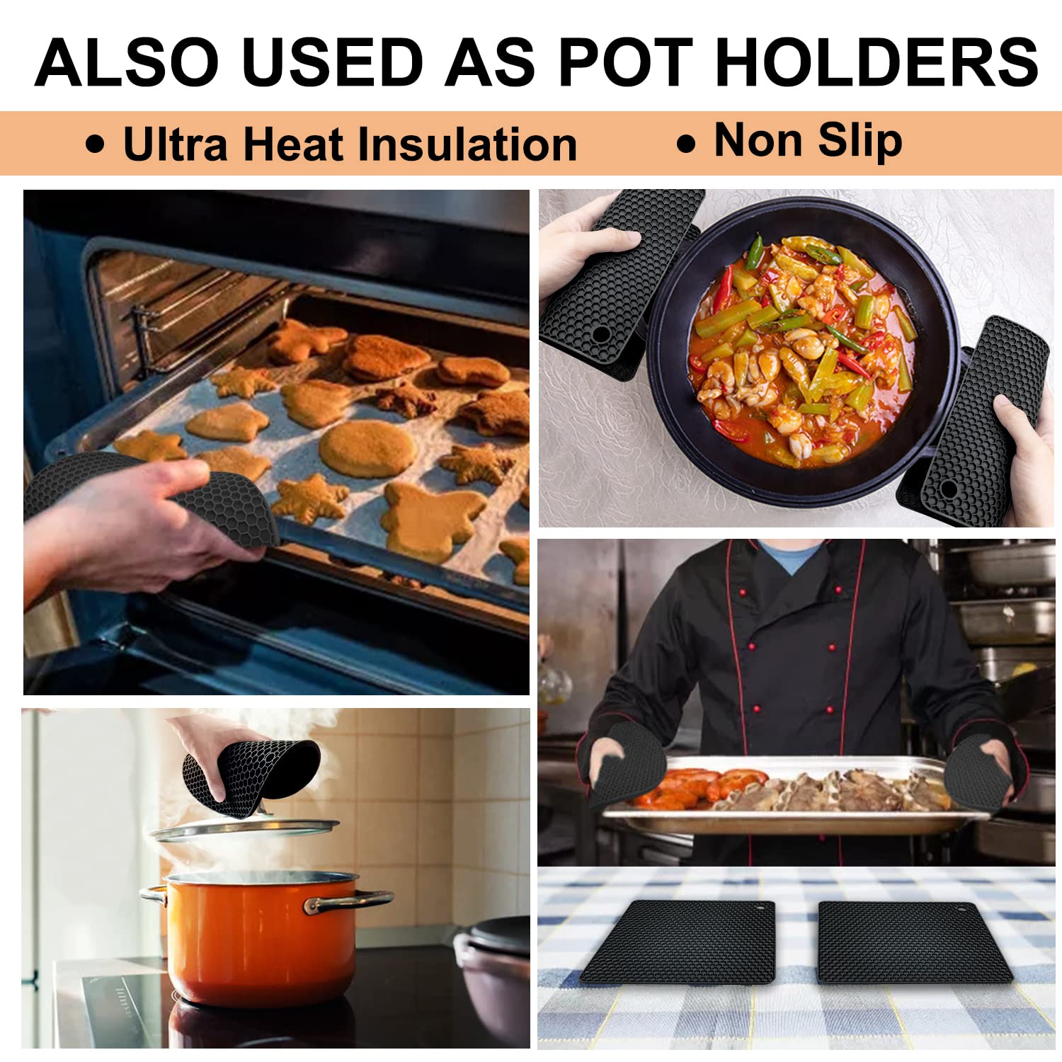 Walfos Silicone Trivet Mats - 4 Heat Resistant Pot Holders, Multipurpose Non-Slip Hot Pads for Kitchen Potholders, Hot Dishers, Jar Opener, Spoon Holder, Food Grade Silicone & BPA Free (Black)