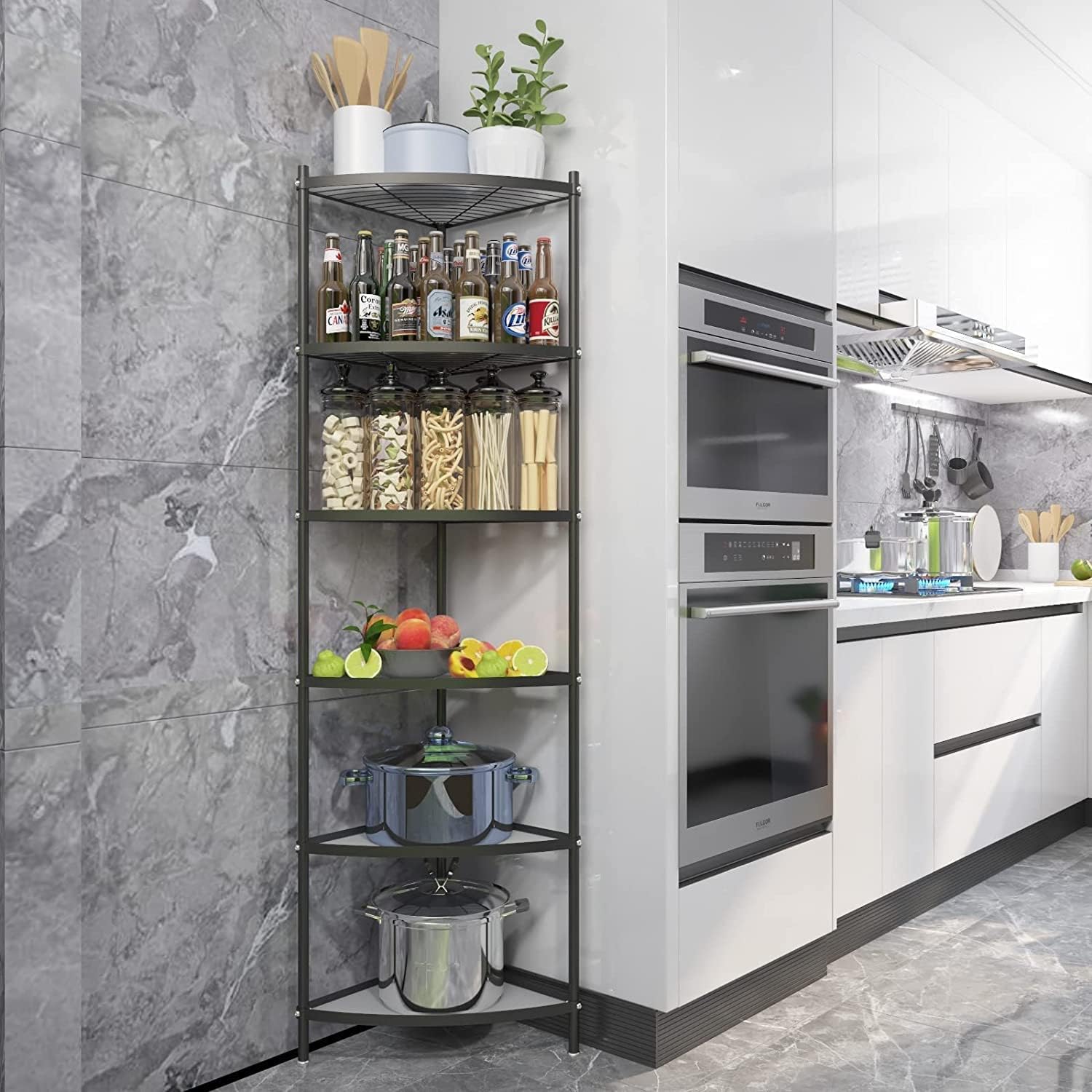 MYOYAY Kitchen Pot Rack 6-Tier Cookware Stand Corner Pot Rack Storage Organizer Kitchen Corner Shelf Rack Multi-Layer Corner Shelf Stand Stainless Steel Shelf Holder for Pans Pots and Kettles
