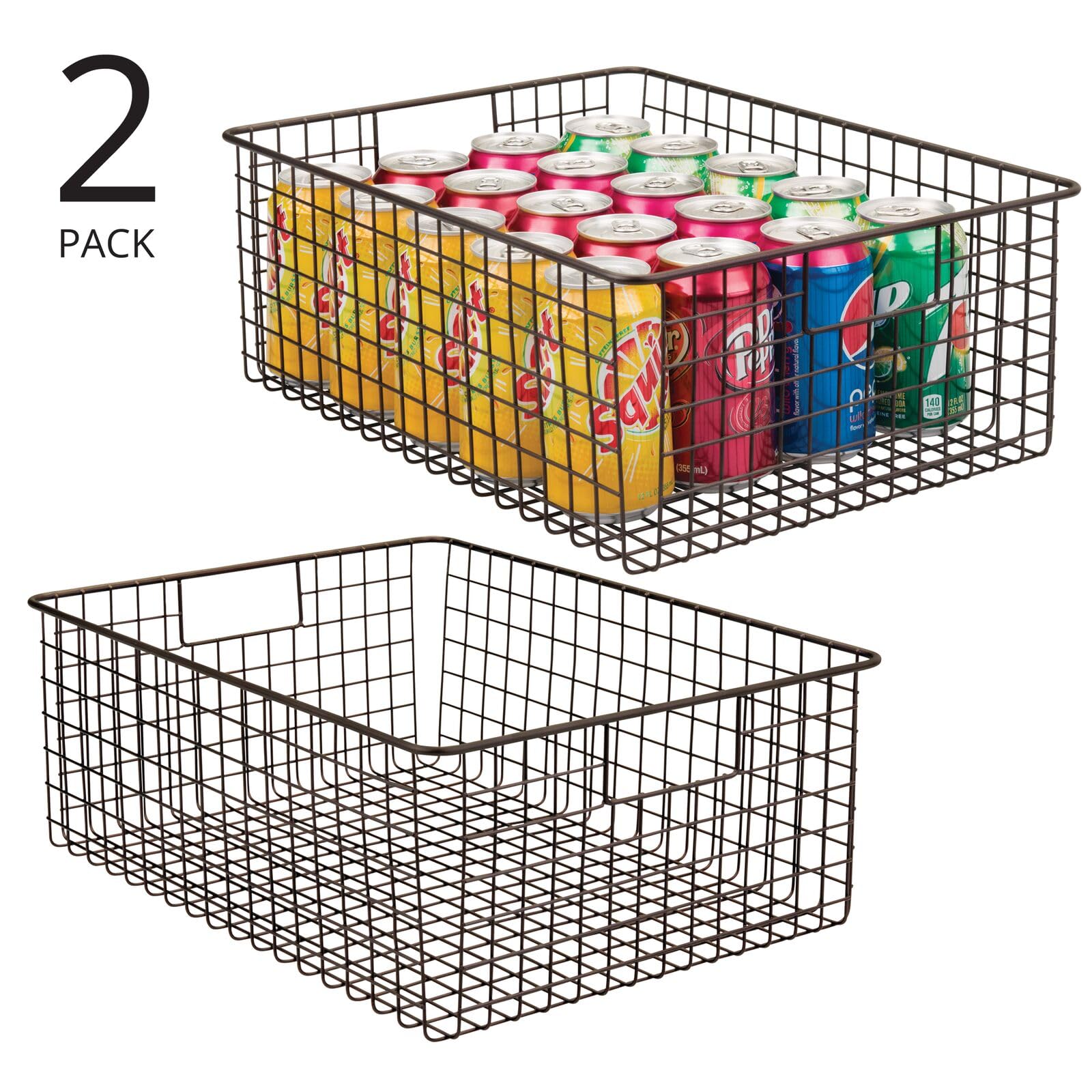 mDesign Metal Wire Food Storage Basket Organizer with Handles for Organizing Kitchen Cabinets, Pantry Shelf, Bathroom, Laundry Room, Closets, Garage - Concerto Collection - 2 Pack - Bronze