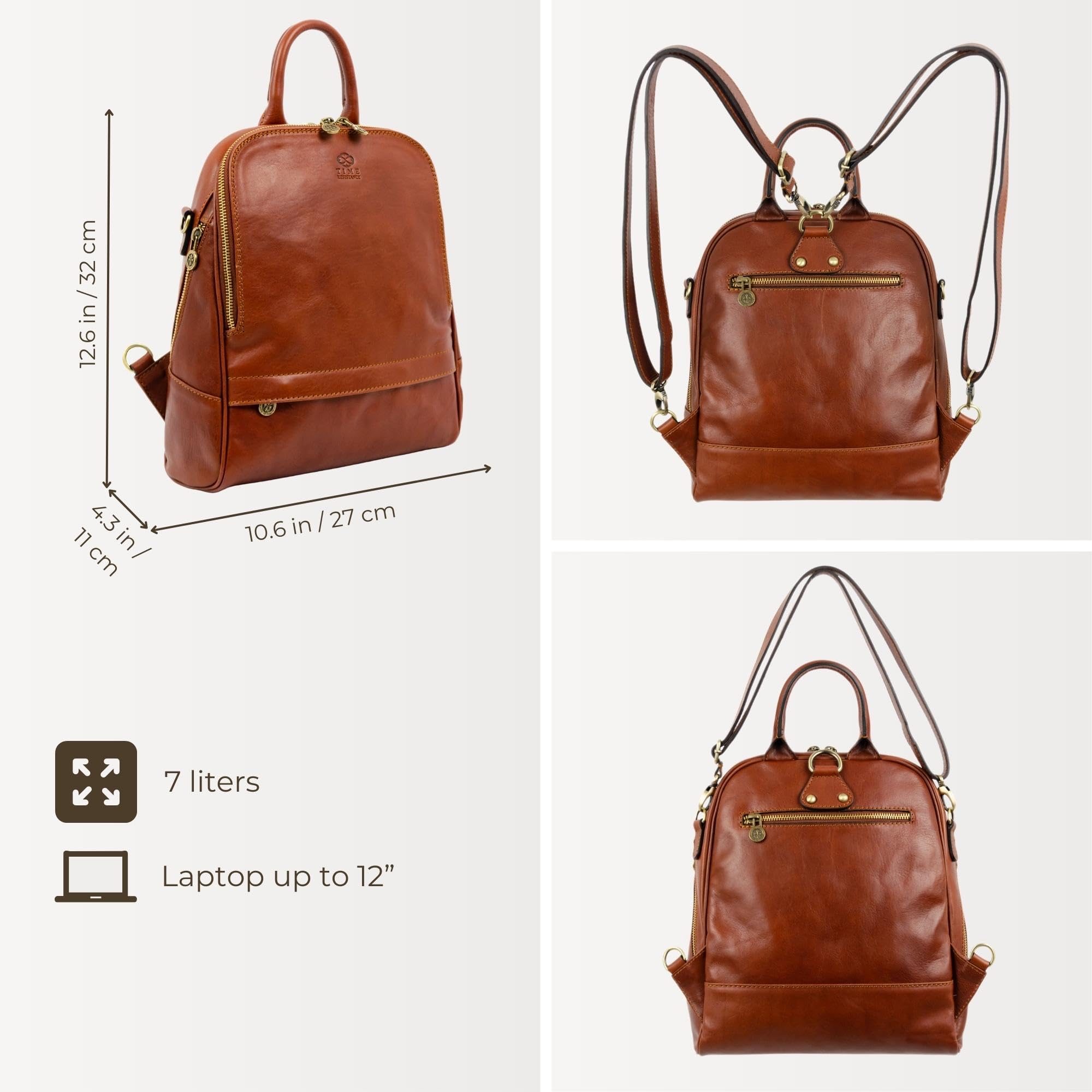 Time Resistance Leather Backpack Convertible to Shoulder Bag Full Grain Real Leather Travel Versatile Bag (Cognac)