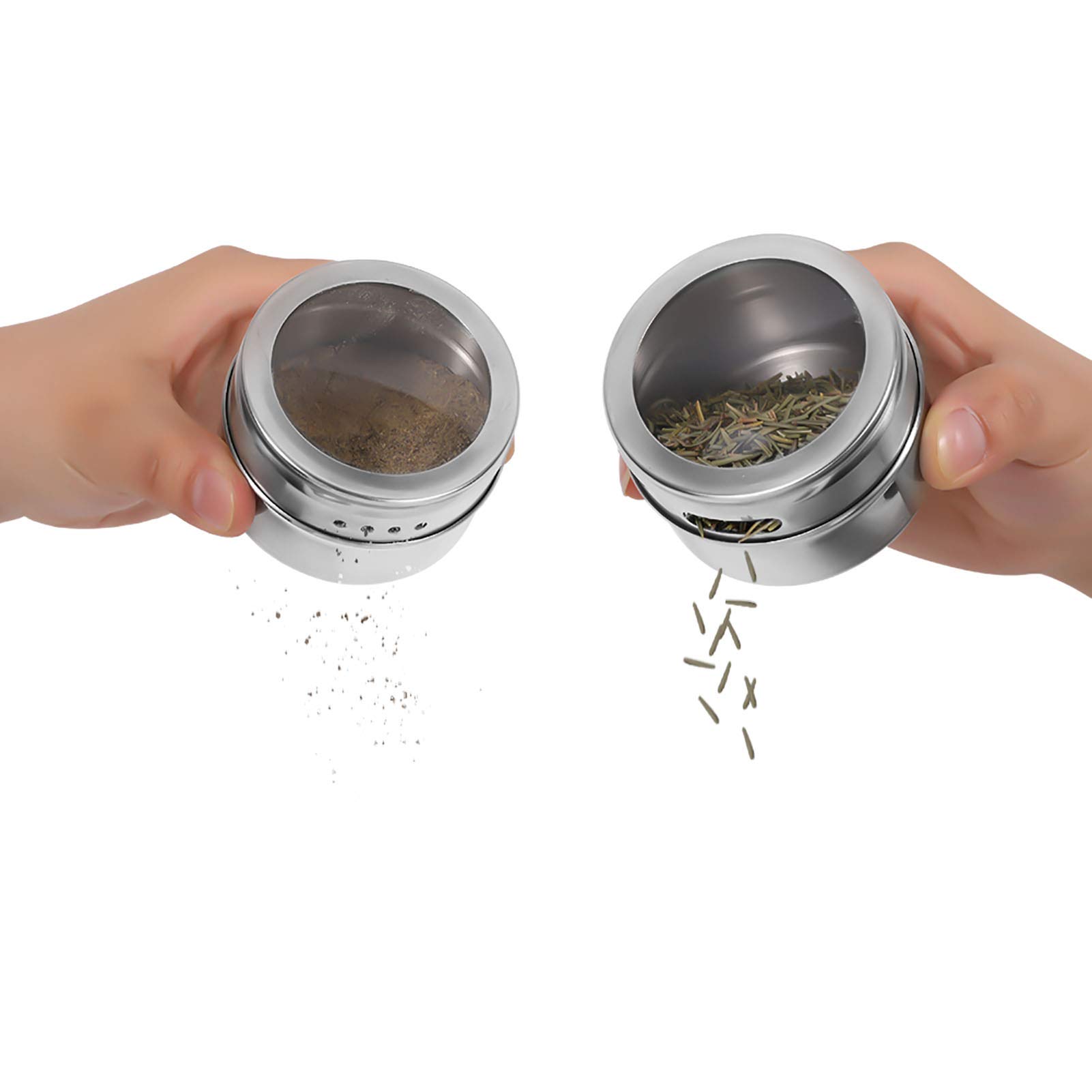 HEFANTU 12 Magnetic Spice Tins with Spice Racks Wall Mount & 120 Spice Labels, Storage Magnet Spice Containers, Clear Lid with Sift and Pour(Spices Not Included)(silver)