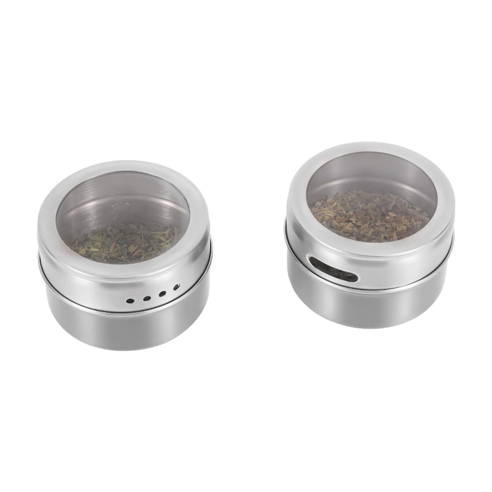 HEFANTU 12 Magnetic Spice Tins with Spice Racks Wall Mount & 120 Spice Labels, Storage Magnet Spice Containers, Clear Lid with Sift and Pour(Spices Not Included)(silver)