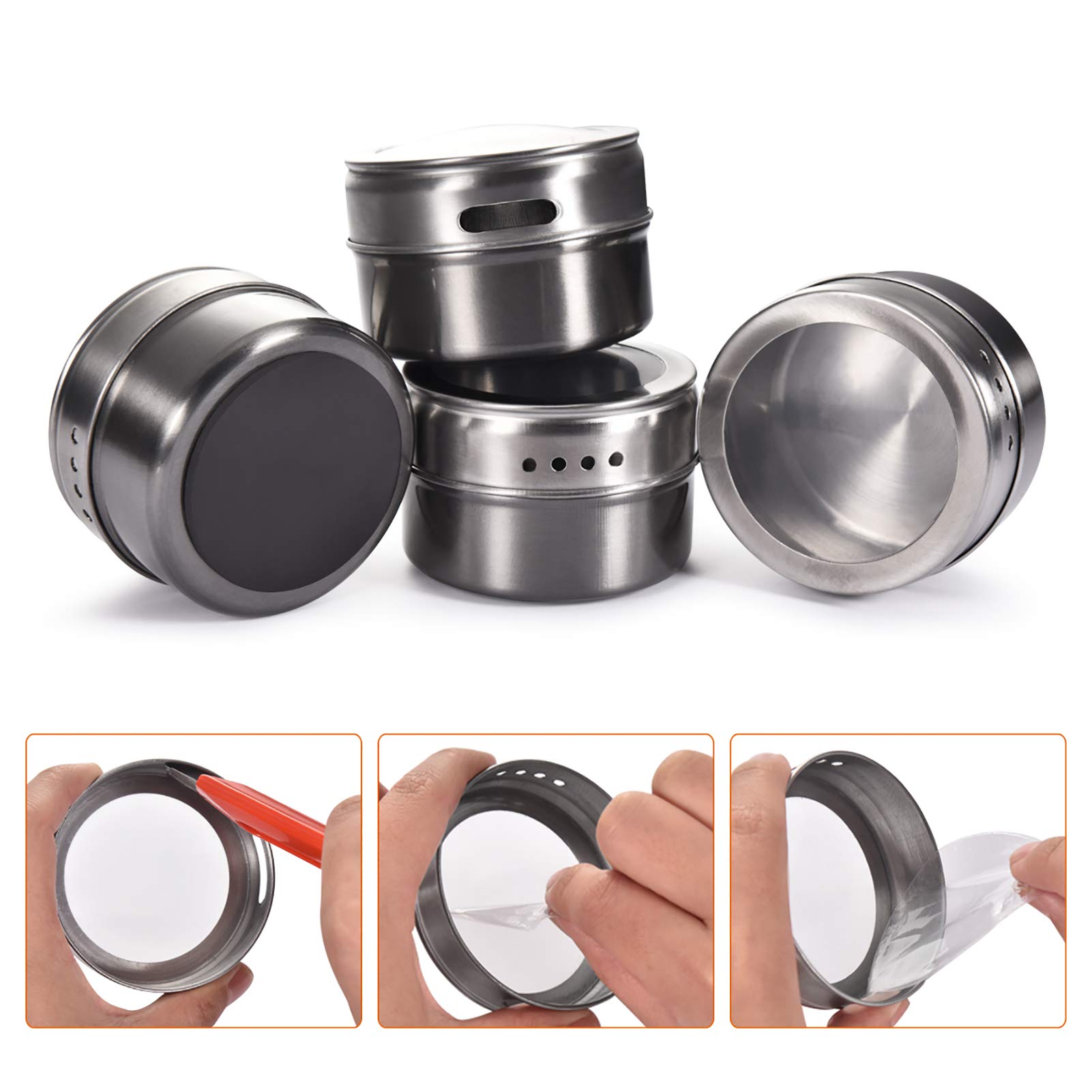 HEFANTU 12 Magnetic Spice Tins with Spice Racks Wall Mount & 120 Spice Labels, Storage Magnet Spice Containers, Clear Lid with Sift and Pour(Spices Not Included)(silver)