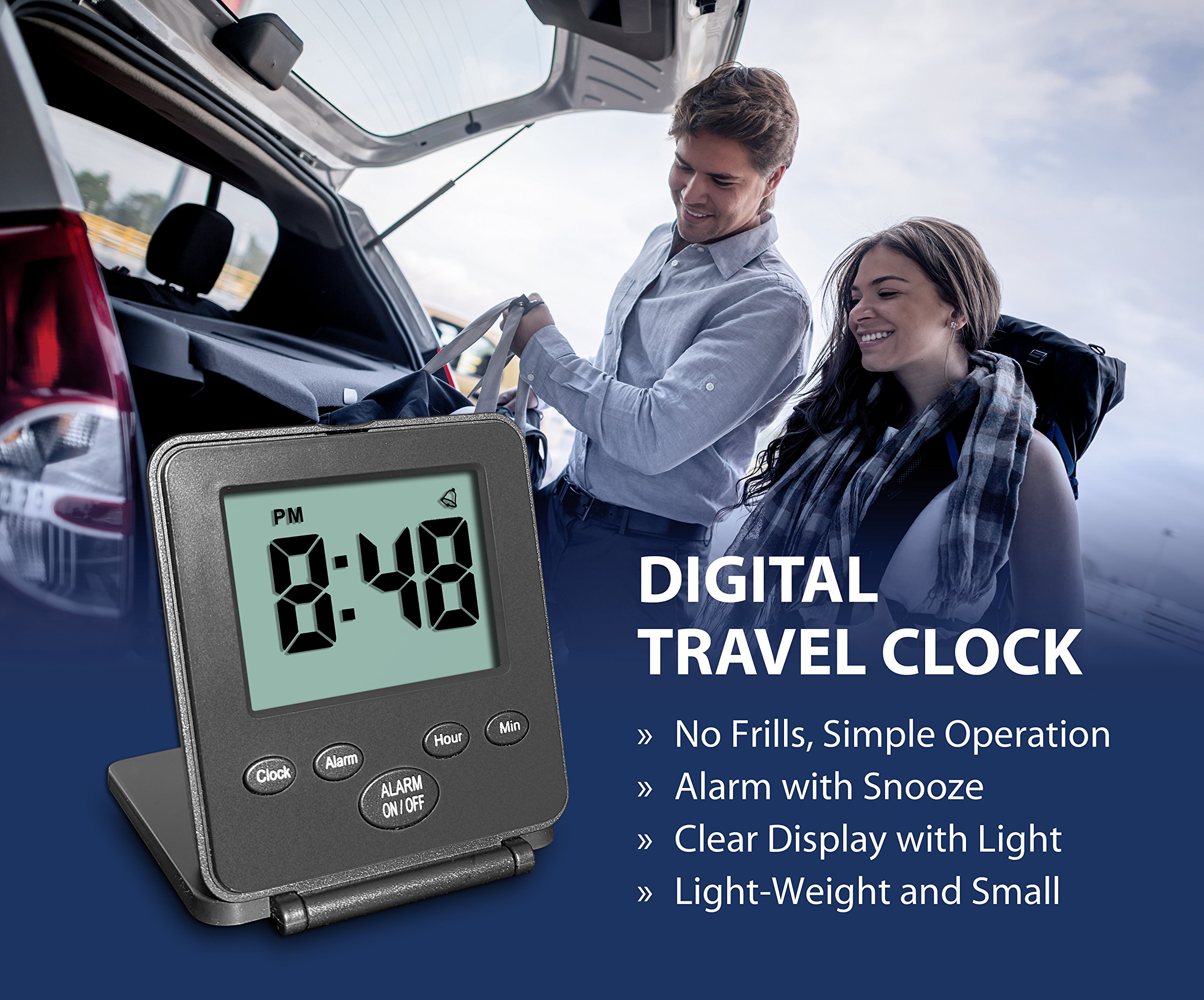 Digital Travel Alarm Clock - No Bells, No Whistles, Simple Basic Operation, Loud Alarm, Snooze, Small and Light, ON/Off Switch, 2 AAA Battery Powered, Black