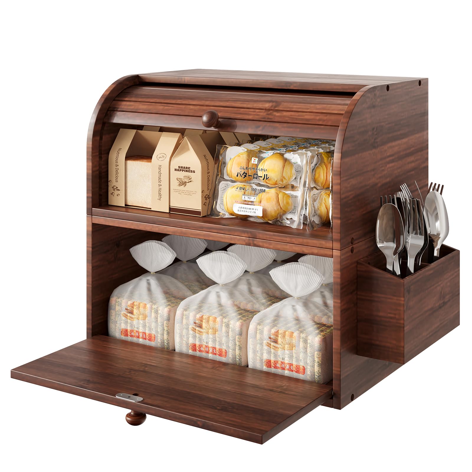TQVAI Bamboo Bread Box for Kitchen Countertop Dobule Layer Roll Top Bread Bin with Silverware Basket - Can Use as 2 Individual Bread Boxes - Assembly Required, Black