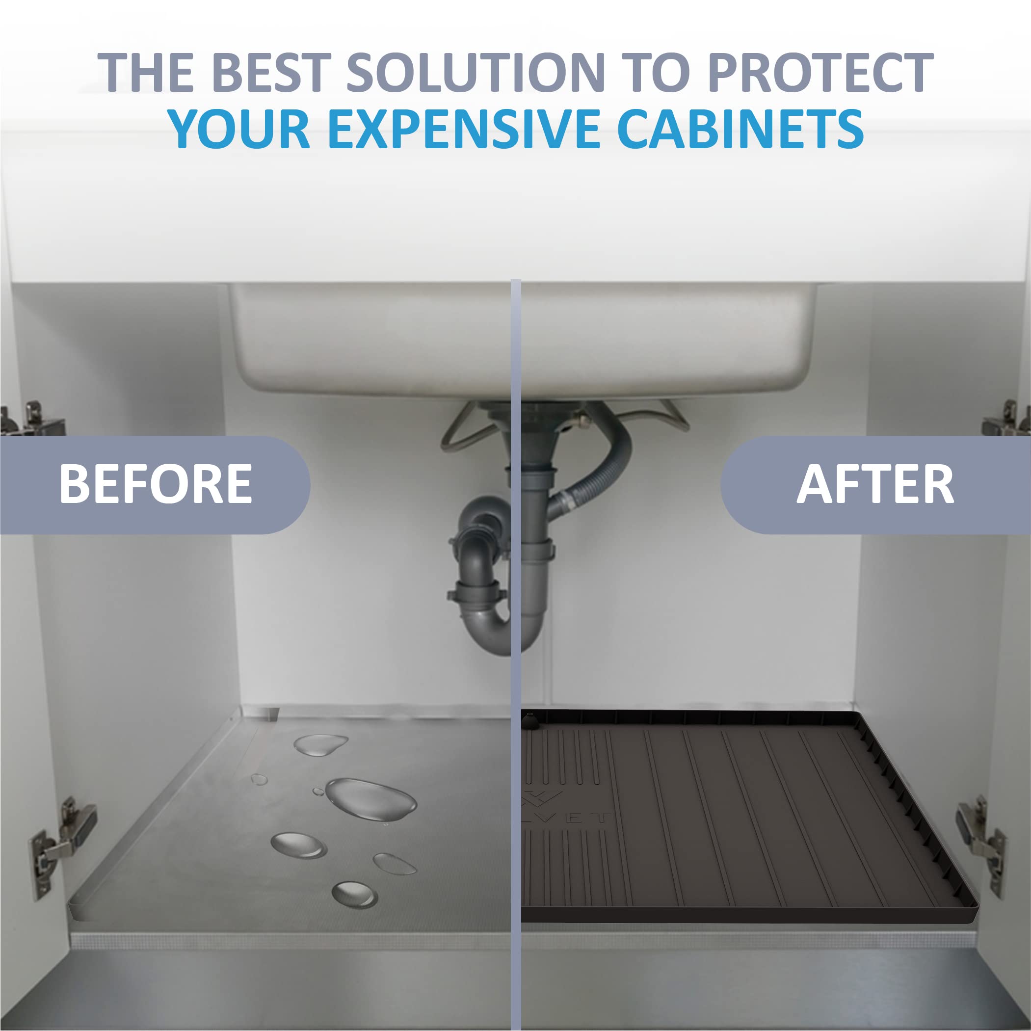 Welvet Under Sink Mat for Kitchen Waterproof 34βX22β Strong Under Sink Drip Tray, Holds Up To 3.3 Gallons water, Thick Cabinet Protector Liner for Kitchen & Bathroom, with Soap Dish & Sponge Brush