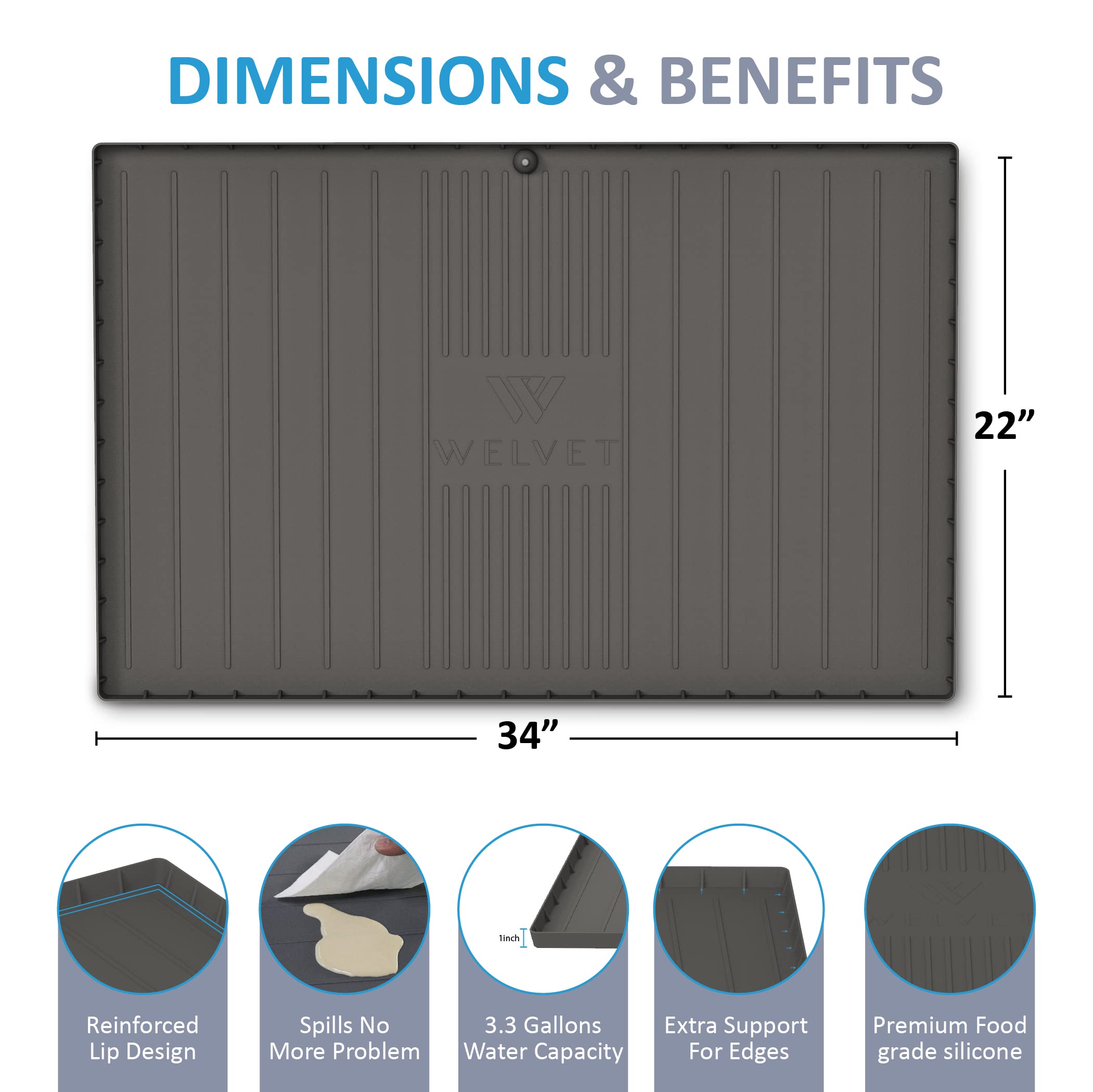 Welvet Under Sink Mat for Kitchen Waterproof 34βX22β Strong Under Sink Drip Tray, Holds Up To 3.3 Gallons water, Thick Cabinet Protector Liner for Kitchen & Bathroom, with Soap Dish & Sponge Brush