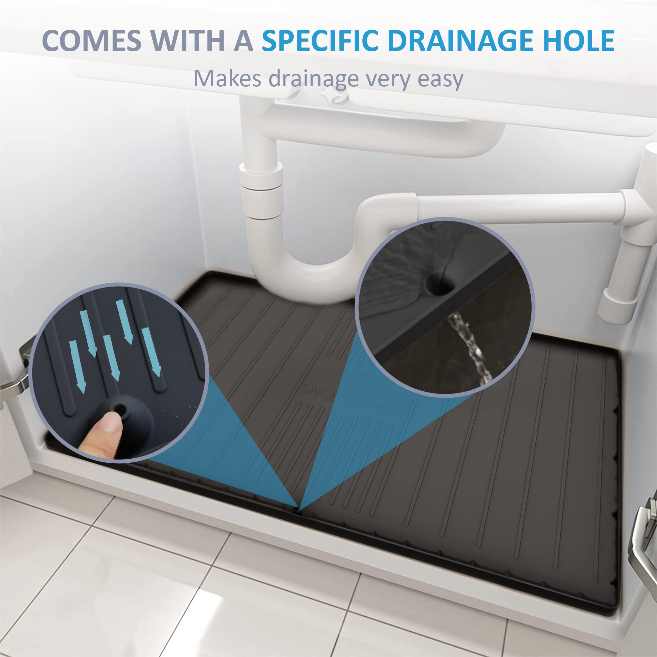 Welvet Under Sink Mat for Kitchen Waterproof 34βX22β Strong Under Sink Drip Tray, Holds Up To 3.3 Gallons water, Thick Cabinet Protector Liner for Kitchen & Bathroom, with Soap Dish & Sponge Brush