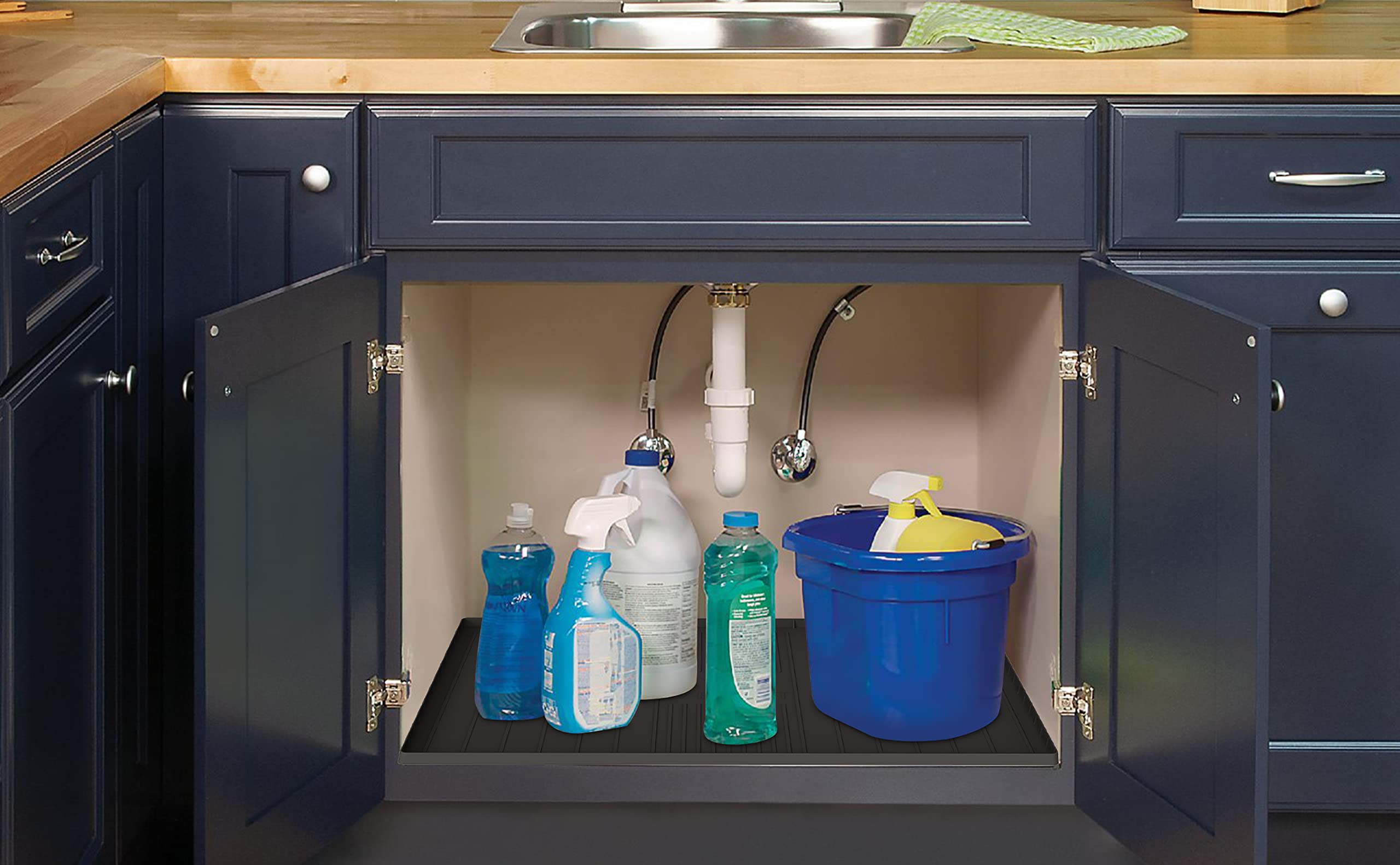 Welvet Under Sink Mat for Kitchen Waterproof 34βX22β Strong Under Sink Drip Tray, Holds Up To 3.3 Gallons water, Thick Cabinet Protector Liner for Kitchen & Bathroom, with Soap Dish & Sponge Brush
