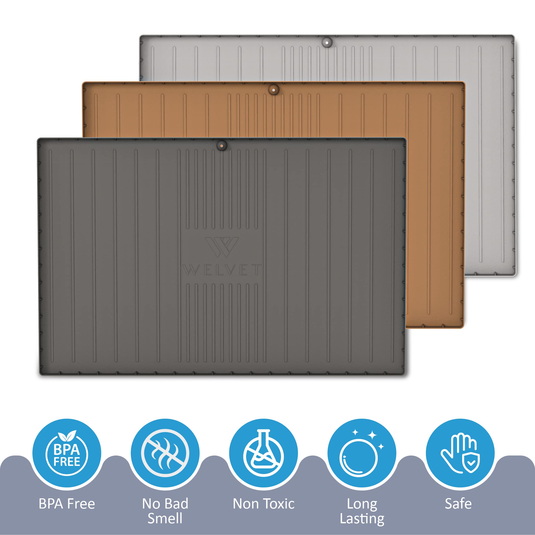 Welvet Under Sink Mat for Kitchen Waterproof 34βX22β Strong Under Sink Drip Tray, Holds Up To 3.3 Gallons water, Thick Cabinet Protector Liner for Kitchen & Bathroom, with Soap Dish & Sponge Brush