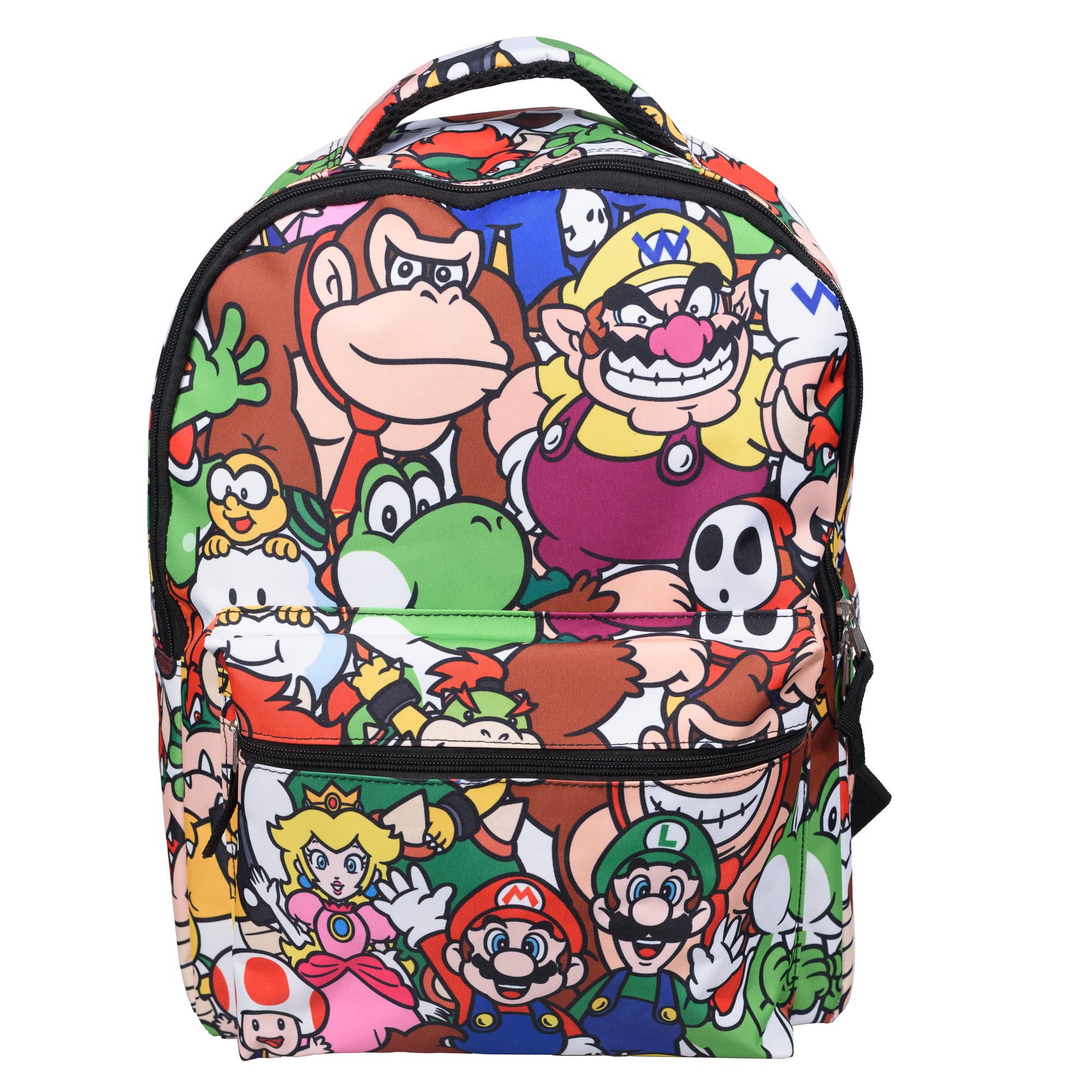 Nintendo Super Mario Backpack for Boys & Girls, School Bag with Front Pocket, Allover Character Print Gaming Bookbag with Padded Back and Adjustable Mesh Straps