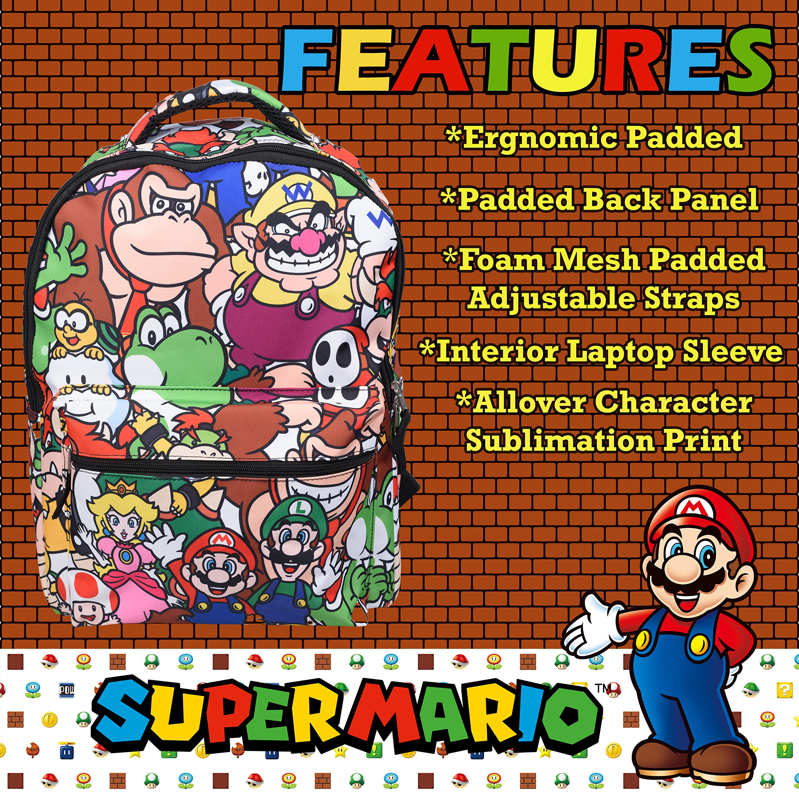 Nintendo Super Mario Backpack for Boys & Girls, School Bag with Front Pocket, Allover Character Print Gaming Bookbag with Padded Back and Adjustable Mesh Straps