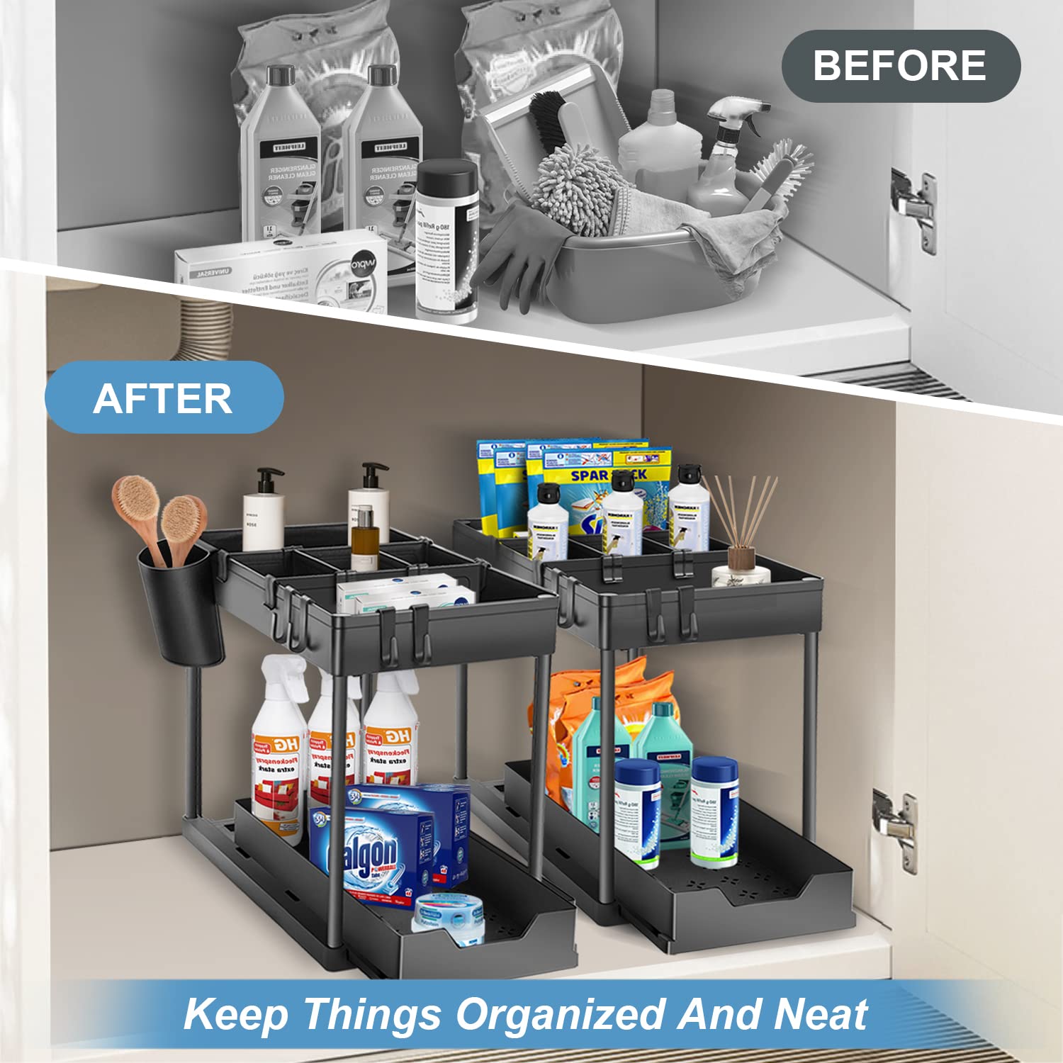 2 Tier Under Sink Organizers and Storage, 2 Pack Taller Sturdy Under Cabinet Organizer with Sliding Out Drawers Basket, Hooks, Cups, Bathroom Under Sink Cabinet Organizer Kitchen Organizer and Storage