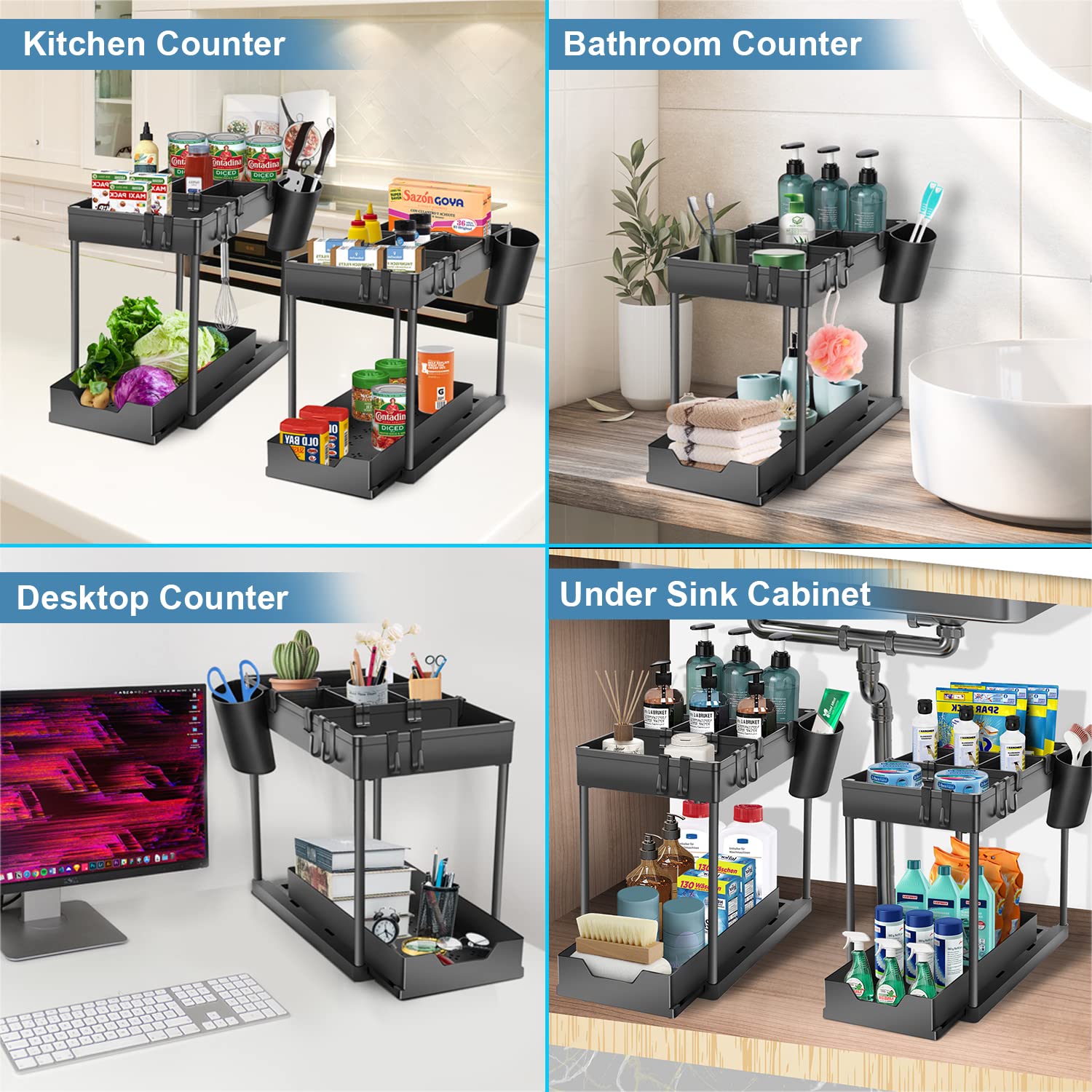 2 Tier Under Sink Organizers and Storage, 2 Pack Taller Sturdy Under Cabinet Organizer with Sliding Out Drawers Basket, Hooks, Cups, Bathroom Under Sink Cabinet Organizer Kitchen Organizer and Storage