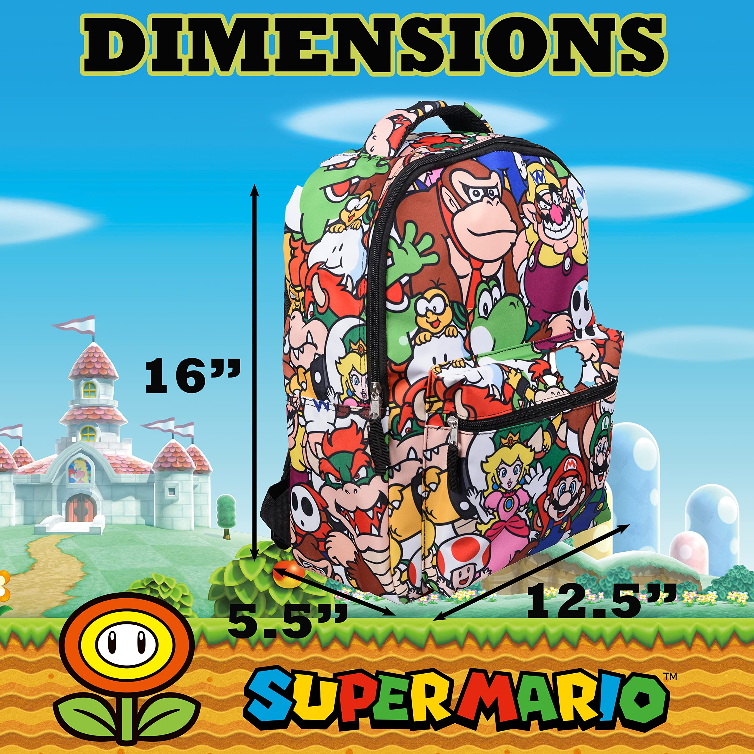 Nintendo Super Mario Backpack for Boys & Girls, School Bag with Front Pocket, Allover Character Print Gaming Bookbag with Padded Back and Adjustable Mesh Straps