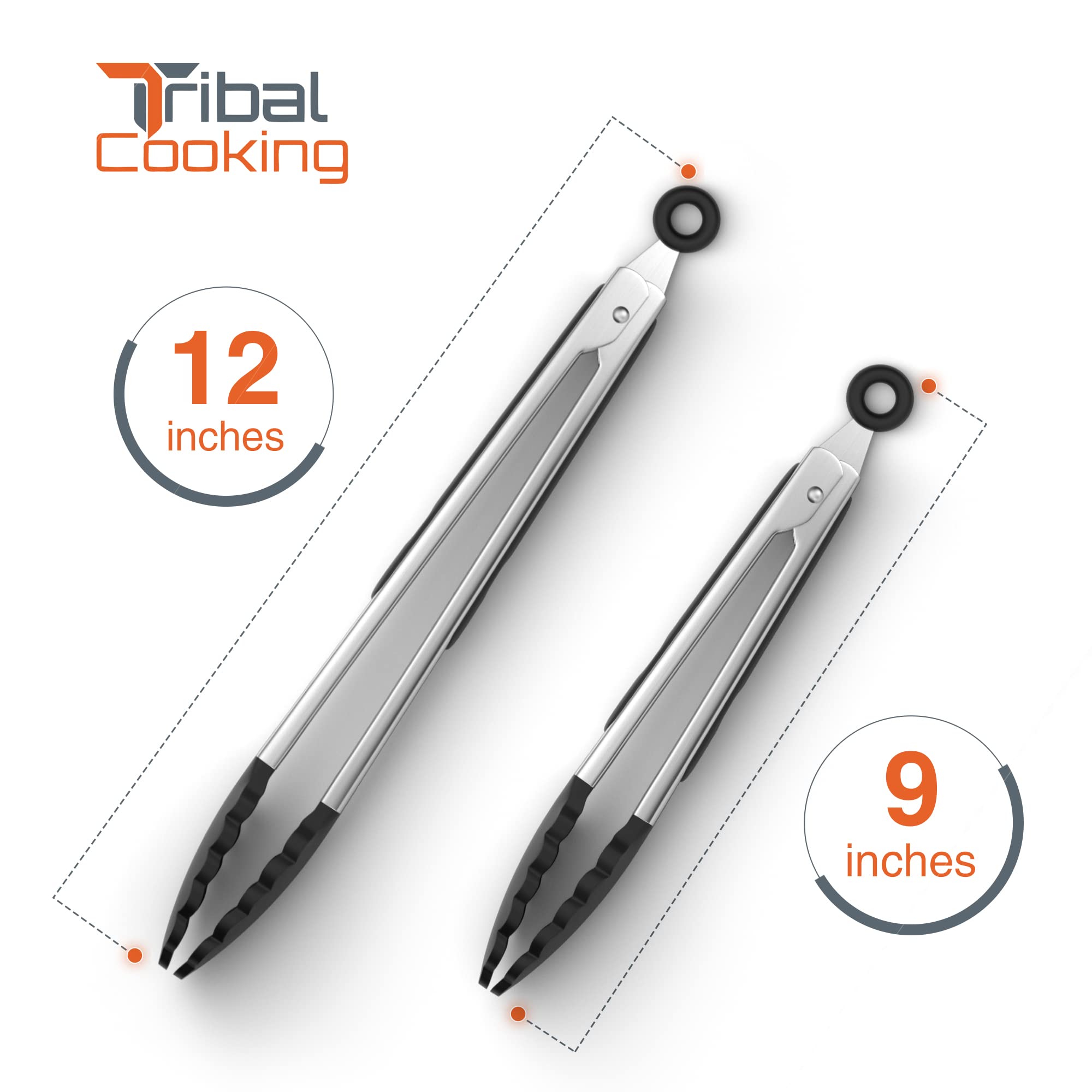 Tribal Cooking Kitchen Tongs with Silicone Tips - Stainless Steel tongs for cooking - 9" and 12" T
