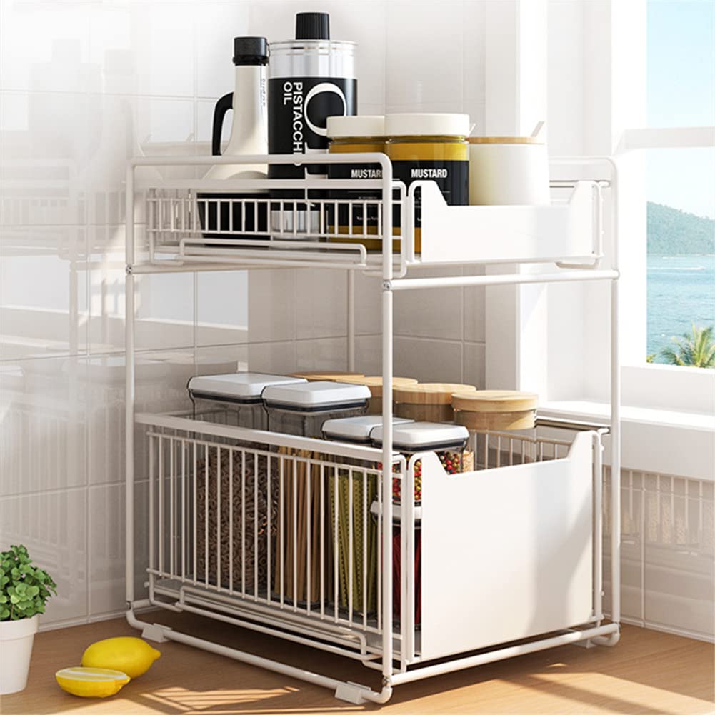 TristonSong Stackable 2-Tie Under Sink Cabinets Organizer with Sliding Storage Drawer, Pull Out Cabinets Organizer Shelf, Sliding Kitchen Countertop Storage Basket-White Large