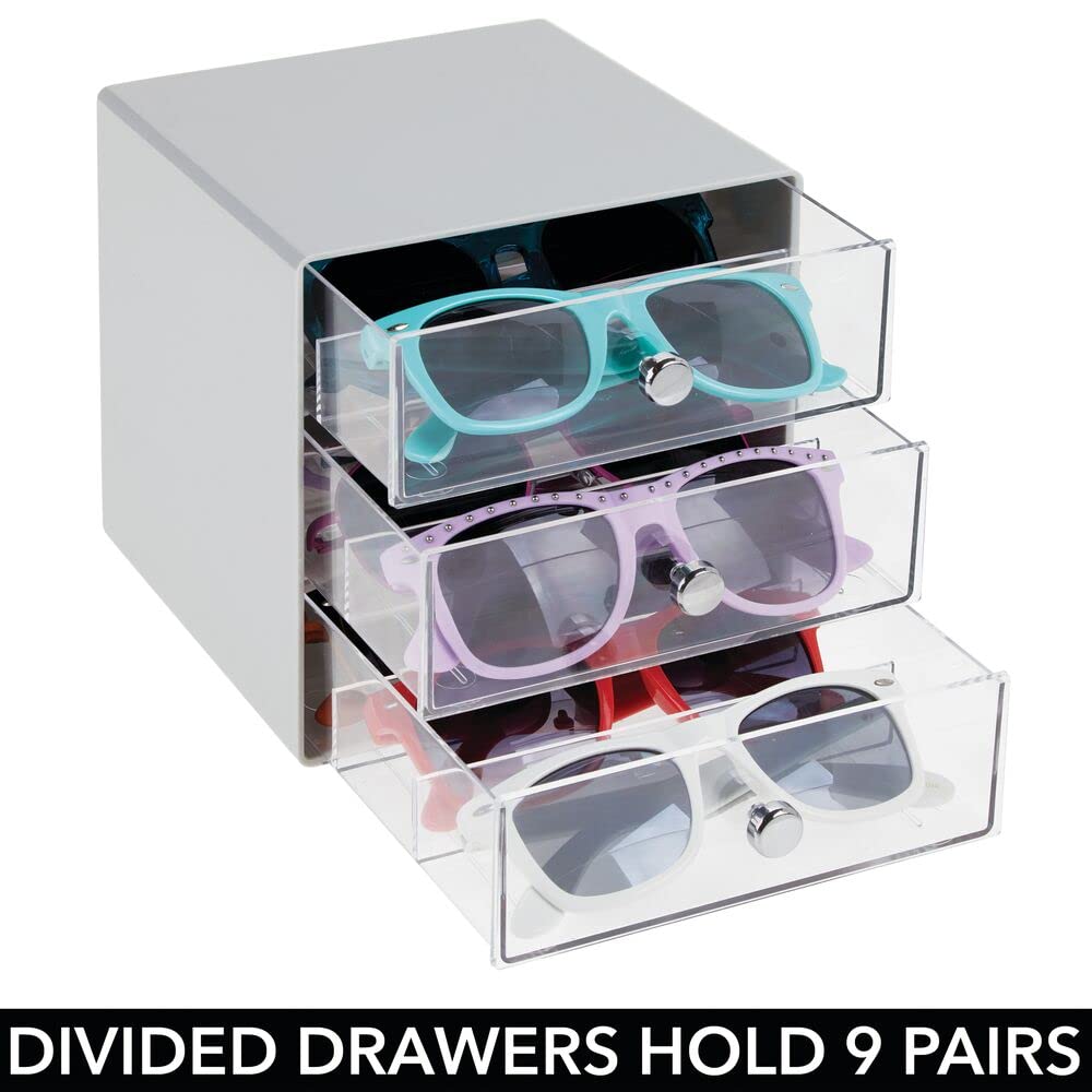 mDesign Stackable Plastic Eye Glass Storage Organizer Box Holder for Sunglasses, Reading Glasses, Lens Cleaning Cloths, and Accessories - 3 Divided Drawers, Chrome Pulls - Gray/Clear