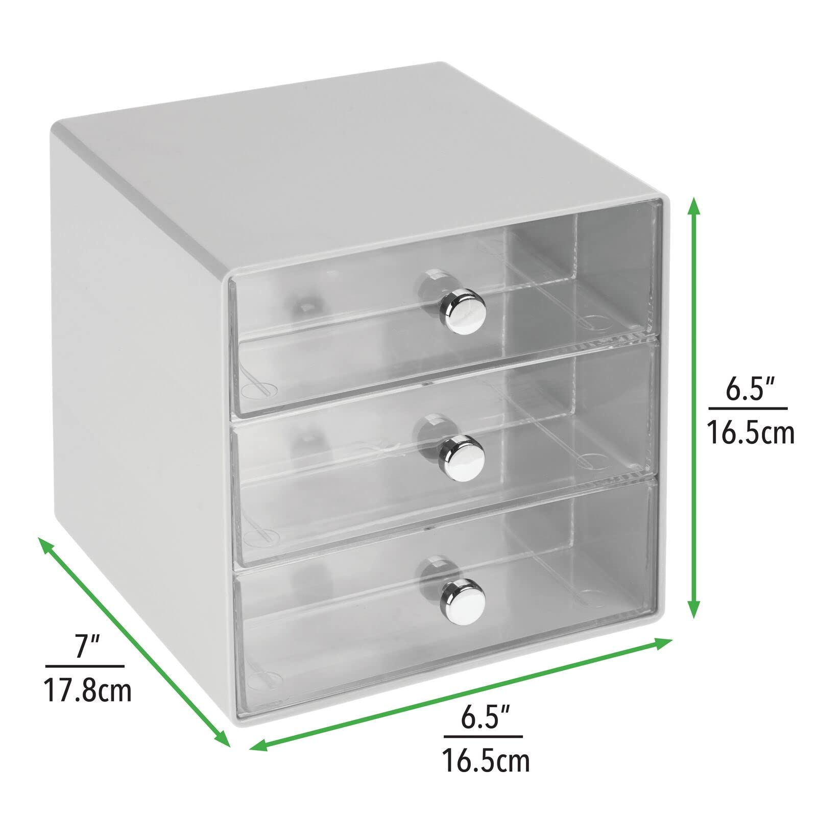mDesign Stackable Plastic Eye Glass Storage Organizer Box Holder for Sunglasses, Reading Glasses, Lens Cleaning Cloths, and Accessories - 3 Divided Drawers, Chrome Pulls - Gray/Clear