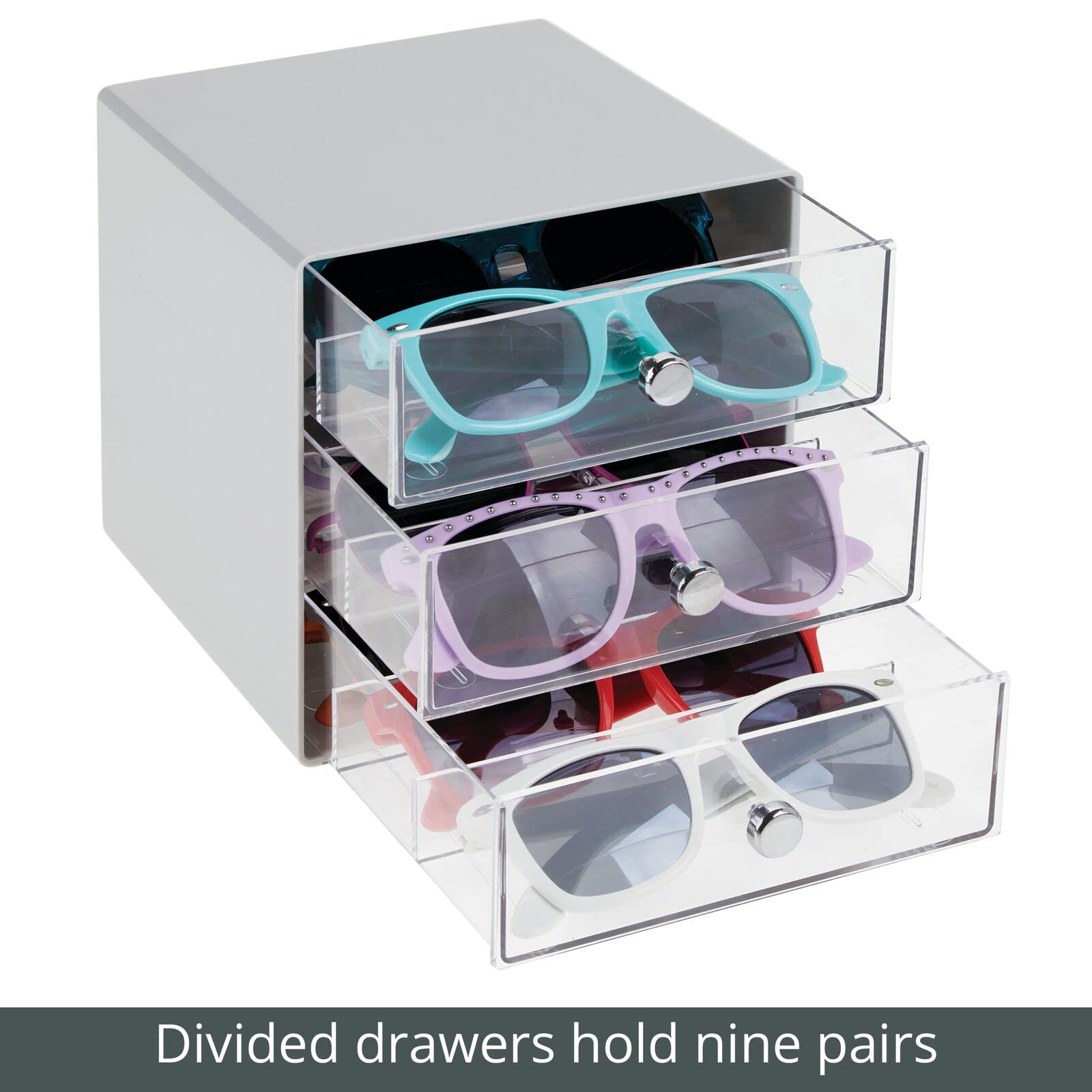 mDesign Stackable Plastic Eye Glass Storage Organizer Box Holder for Sunglasses, Reading Glasses, Lens Cleaning Cloths, and Accessories - 3 Divided Drawers, Chrome Pulls - Gray/Clear