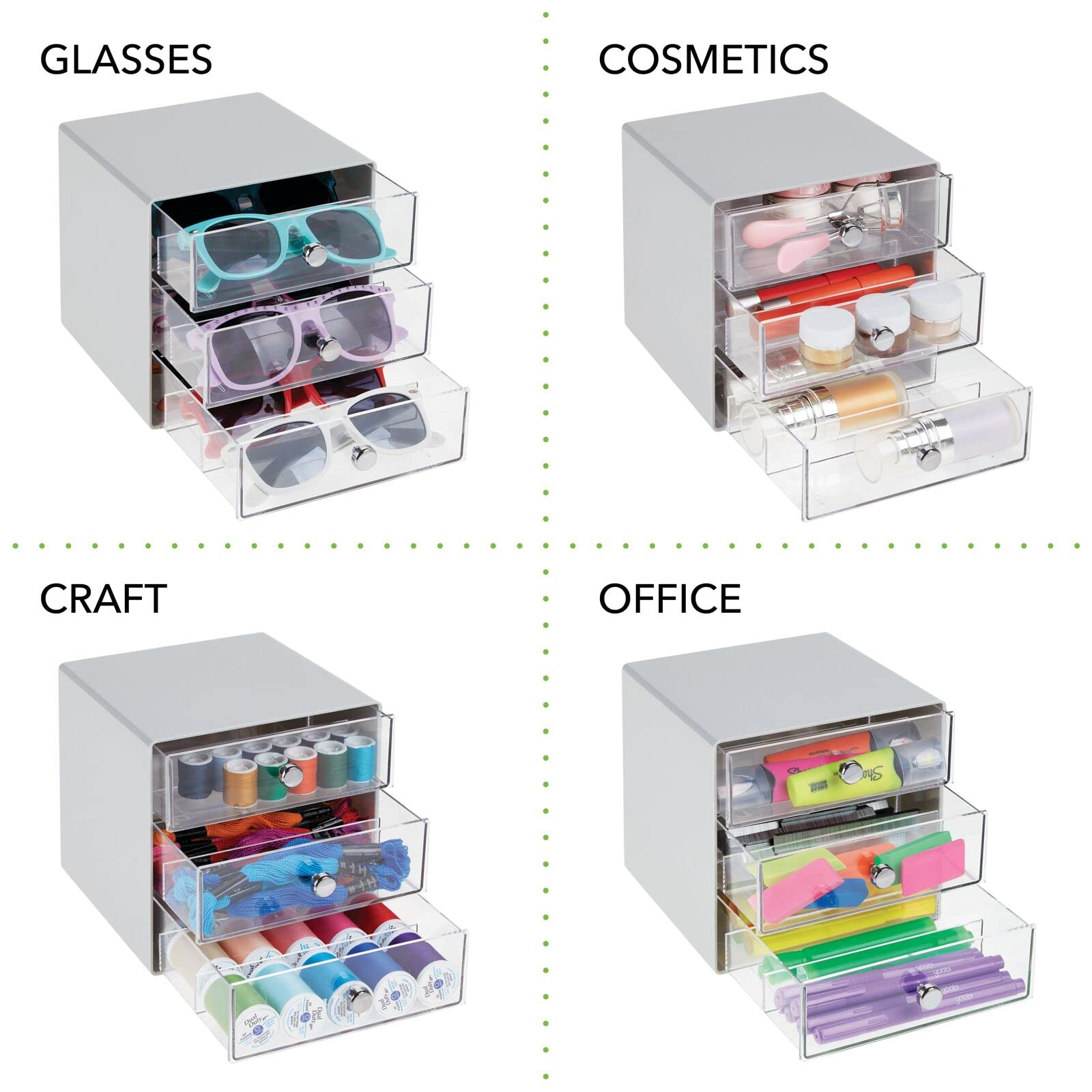 mDesign Stackable Plastic Eye Glass Storage Organizer Box Holder for Sunglasses, Reading Glasses, Lens Cleaning Cloths, and Accessories - 3 Divided Drawers, Chrome Pulls - Gray/Clear
