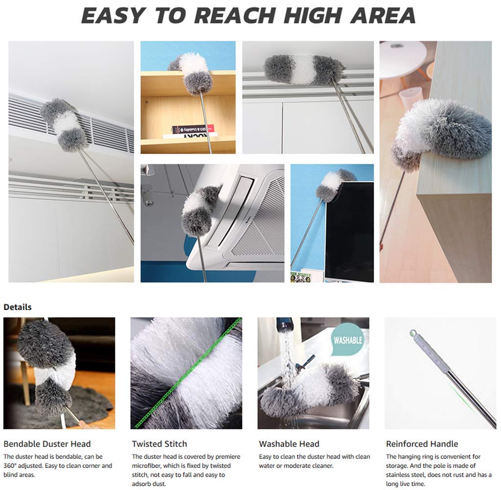 BOOMJOY Microfiber Feather Duster with Extendable Pole, 100" Telescoping Cobweb Duster for Cleaning, Bendable Head, Scratch-Resistant Cover, Washable Duster for Ceiling, Fan, Furniture