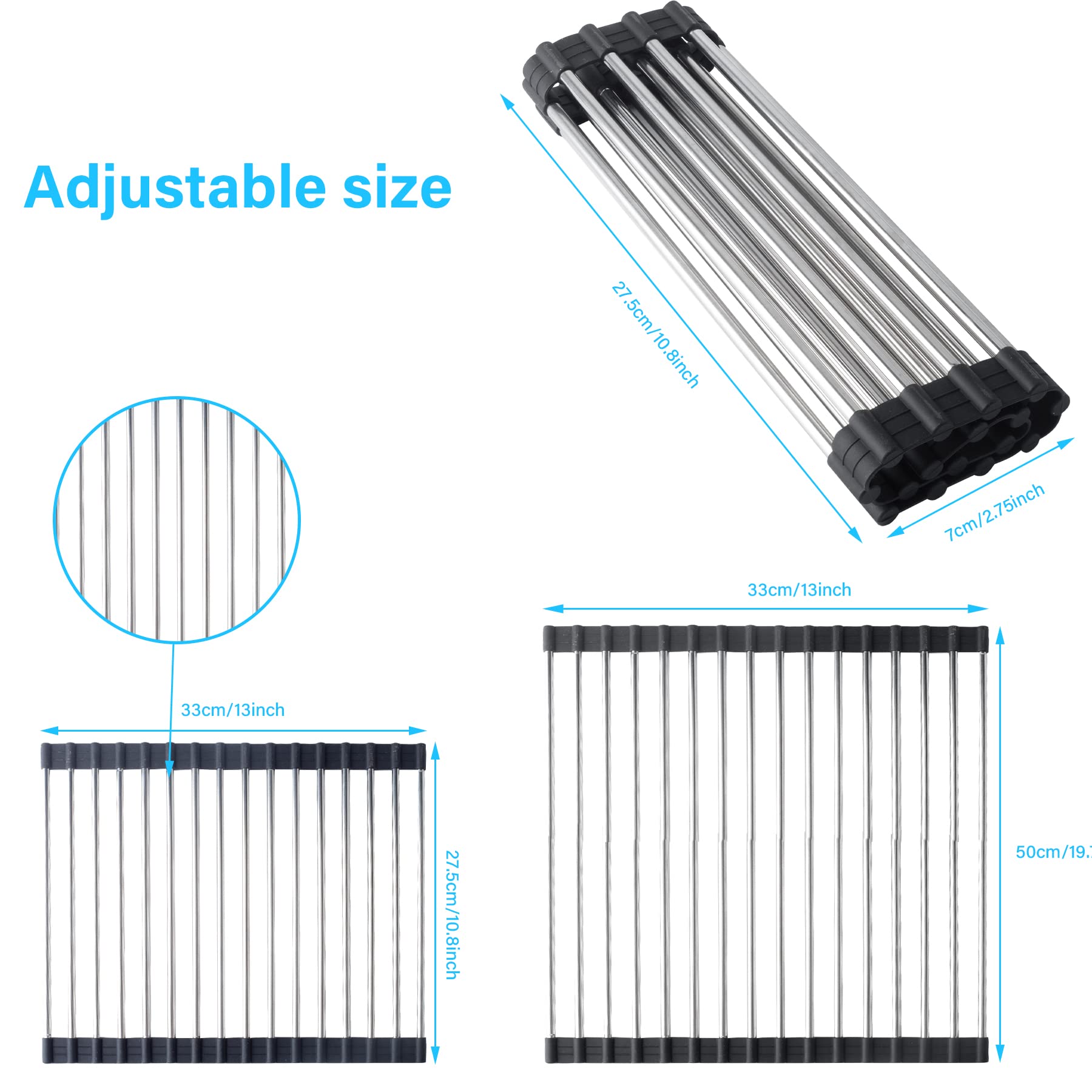 OHOH Expandable Roll Up Dish Drying Rack Fit Most Sink, Adjustable 10.8" -19.7", Sink Topper Foldable Multipurpose Heat Resistant Over The Sink Kitchen Draining Rack for Cups Bottle Fruits Vegetables