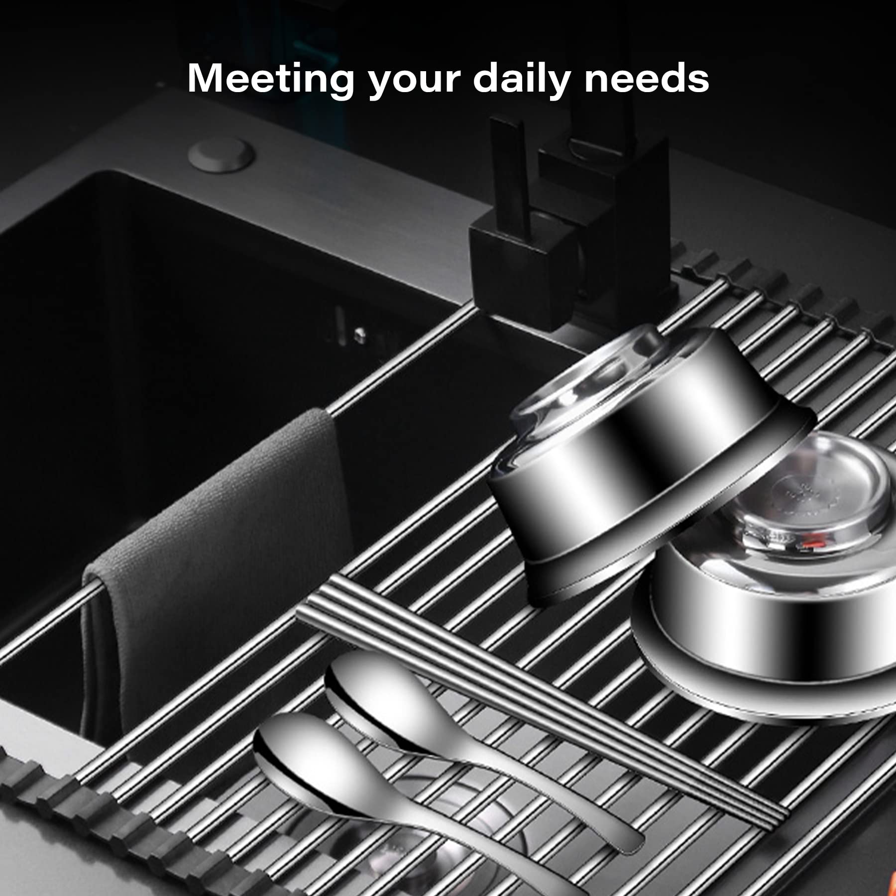 OHOH Expandable Roll Up Dish Drying Rack Fit Most Sink, Adjustable 10.8" -19.7", Sink Topper Foldable Multipurpose Heat Resistant Over The Sink Kitchen Draining Rack for Cups Bottle Fruits Vegetables