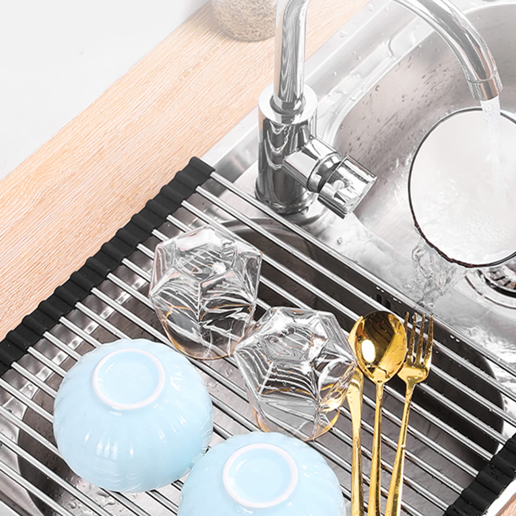 OHOH Expandable Roll Up Dish Drying Rack Fit Most Sink, Adjustable 10.8" -19.7", Sink Topper Foldable Multipurpose Heat Resistant Over The Sink Kitchen Draining Rack for Cups Bottle Fruits Vegetables