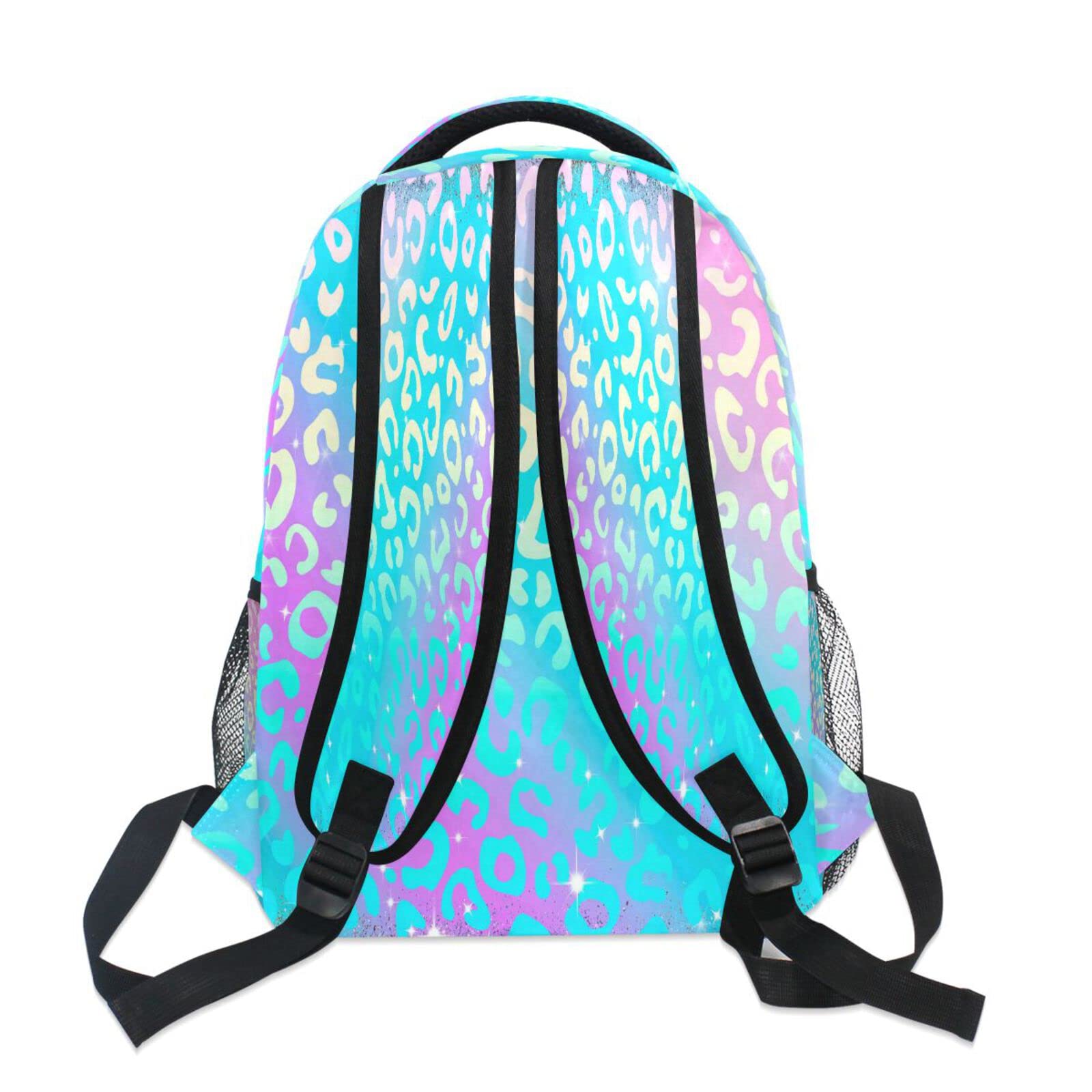 Dussdil Rainbow Shiny Leopard Kids Backpack Backpacks for Boys Girls Casual Daypack Back Pack 16 inch Laptop Bag Double Zipper Travel Sports Bags with Adjustable Shoulder Strap