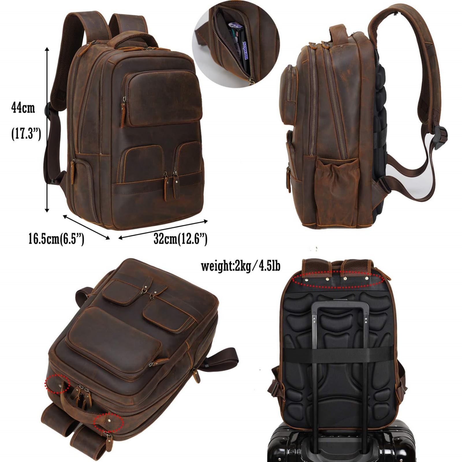 Masa Kawa Full Grain Leather 15.6β Laptop Backpack for Men Vintage Large Travel Rucksack Bag School Bookbag Daypack