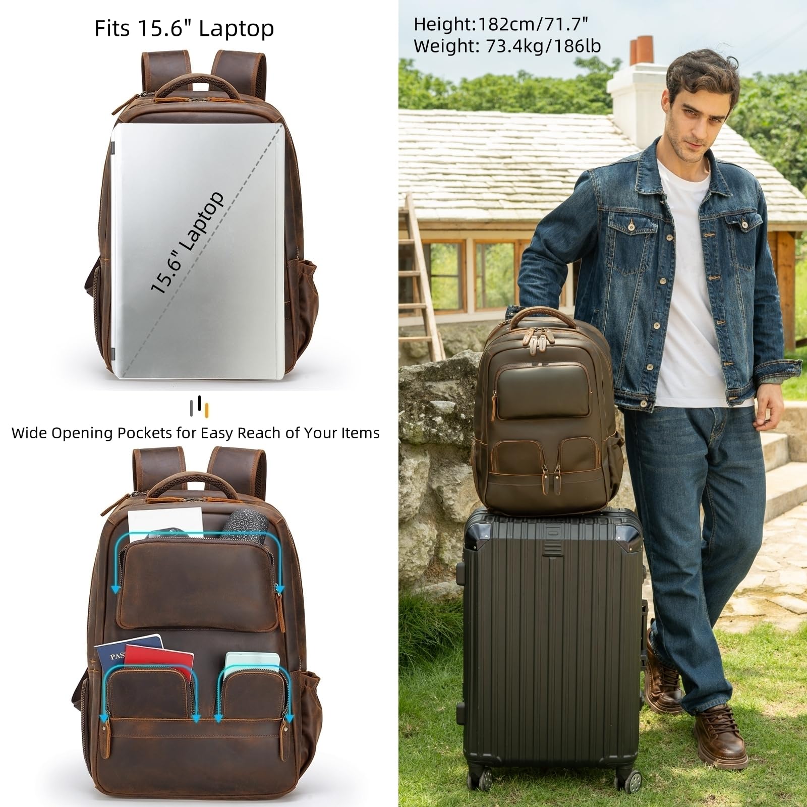 Masa Kawa Full Grain Leather 15.6β Laptop Backpack for Men Vintage Large Travel Rucksack Bag School Bookbag Daypack