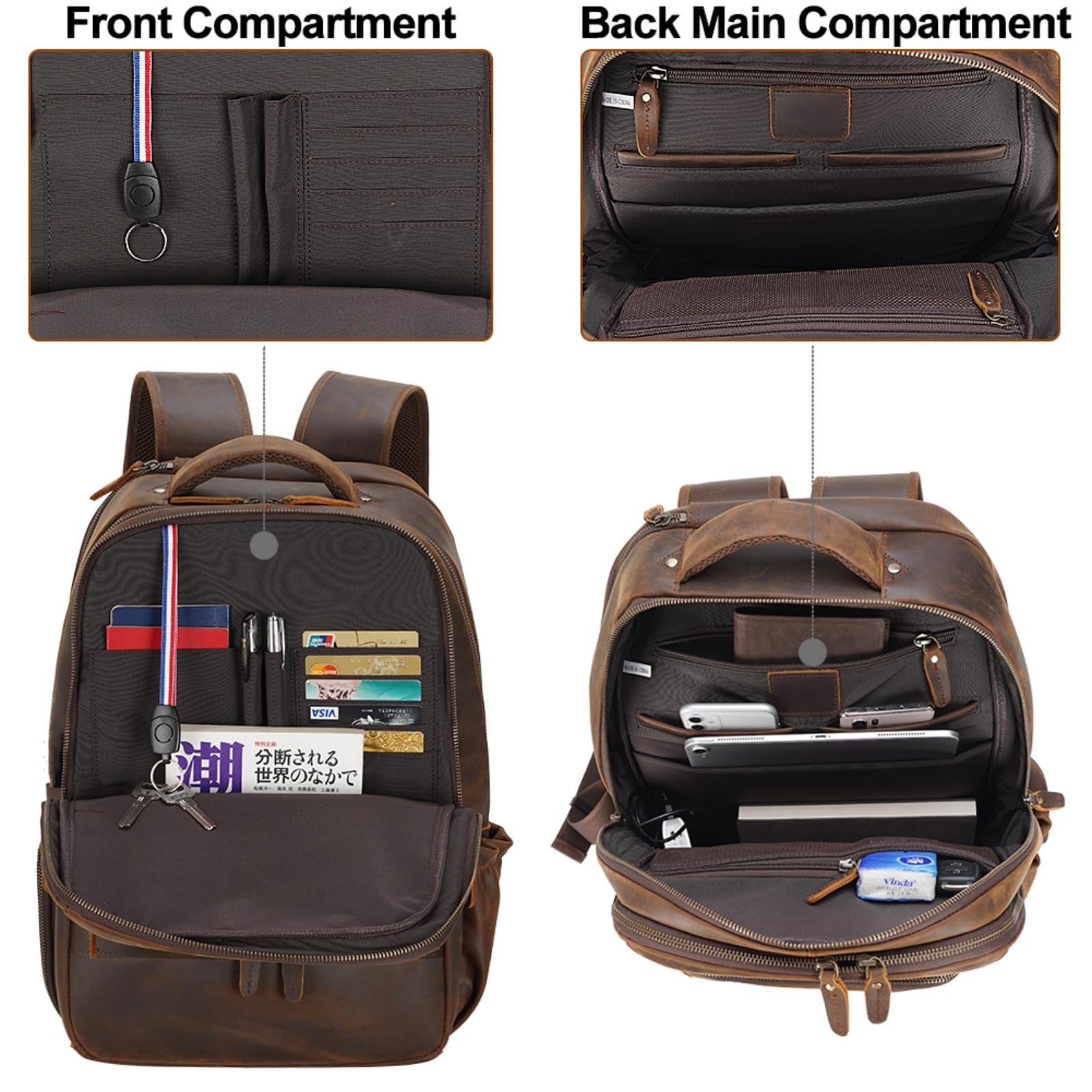 Masa Kawa Full Grain Leather 15.6β Laptop Backpack for Men Vintage Large Travel Rucksack Bag School Bookbag Daypack