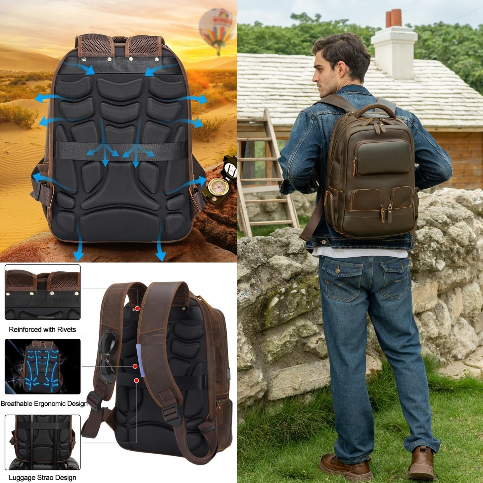 Masa Kawa Full Grain Leather 15.6β Laptop Backpack for Men Vintage Large Travel Rucksack Bag School Bookbag Daypack