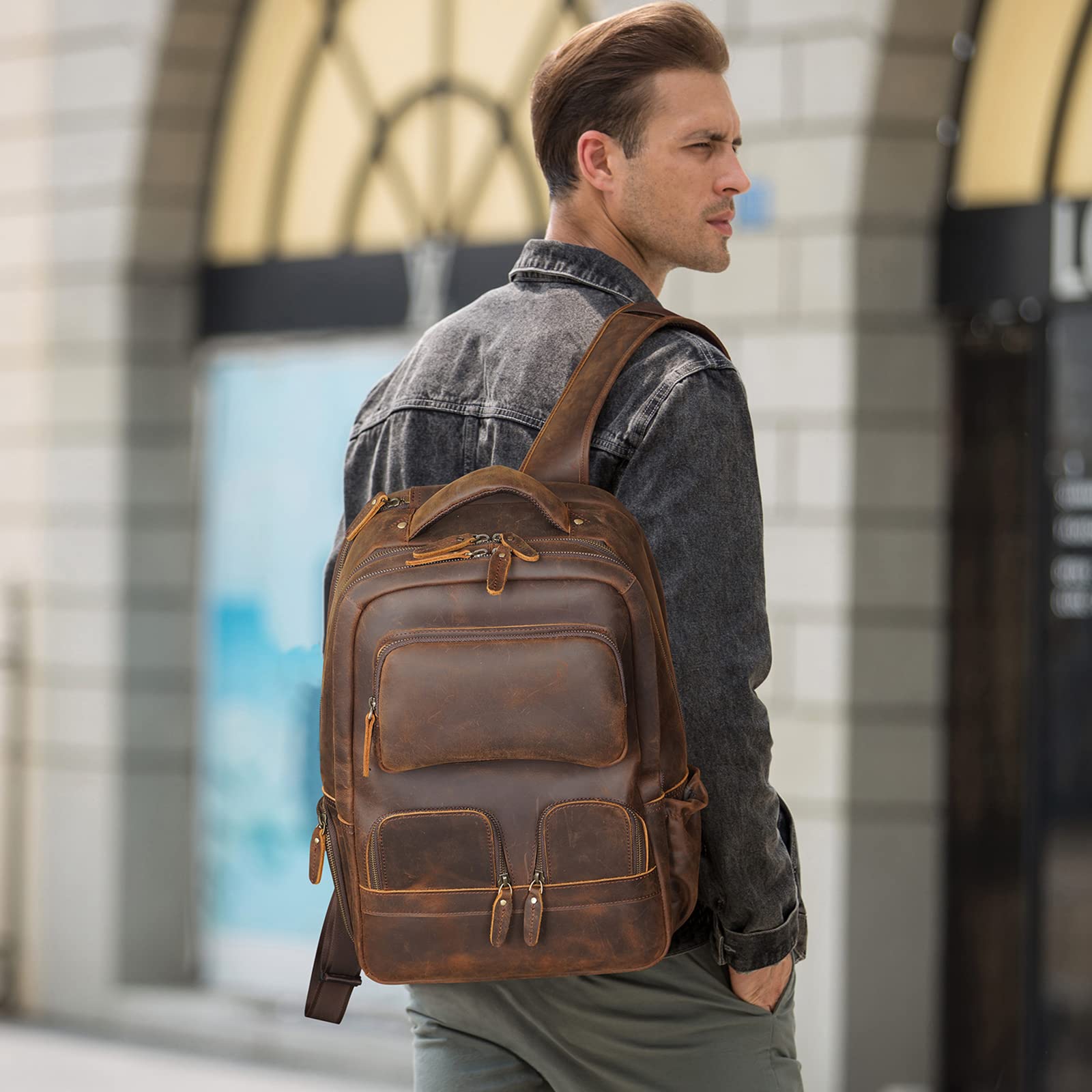 Masa Kawa Full Grain Leather 15.6β Laptop Backpack for Men Vintage Large Travel Rucksack Bag School Bookbag Daypack