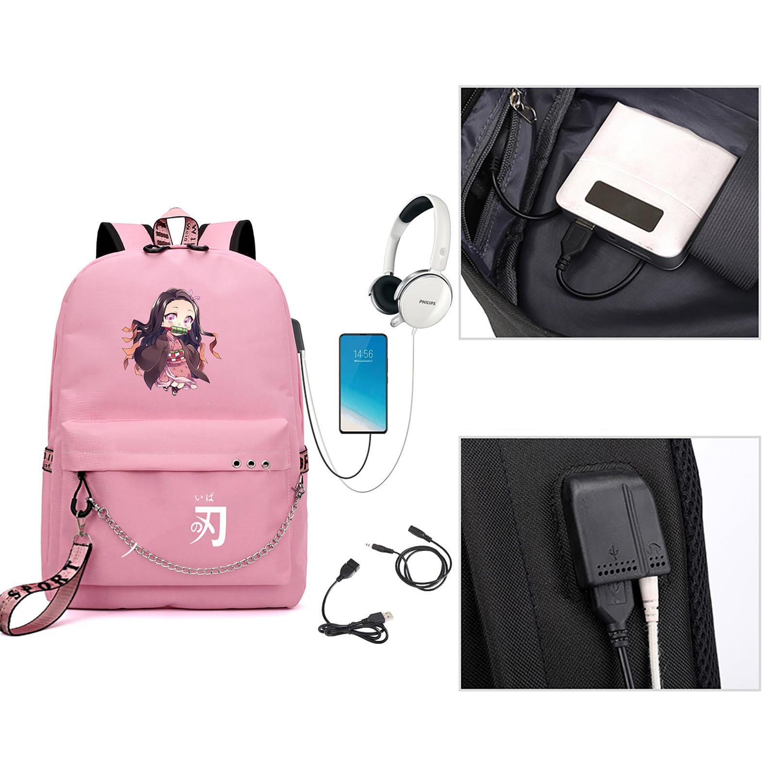 Demon Slayer Backpack Nezuko Kimetsu with USB Charging Port, Personalized Casual Travel Boys Girls Student Backpacks. (Pink)