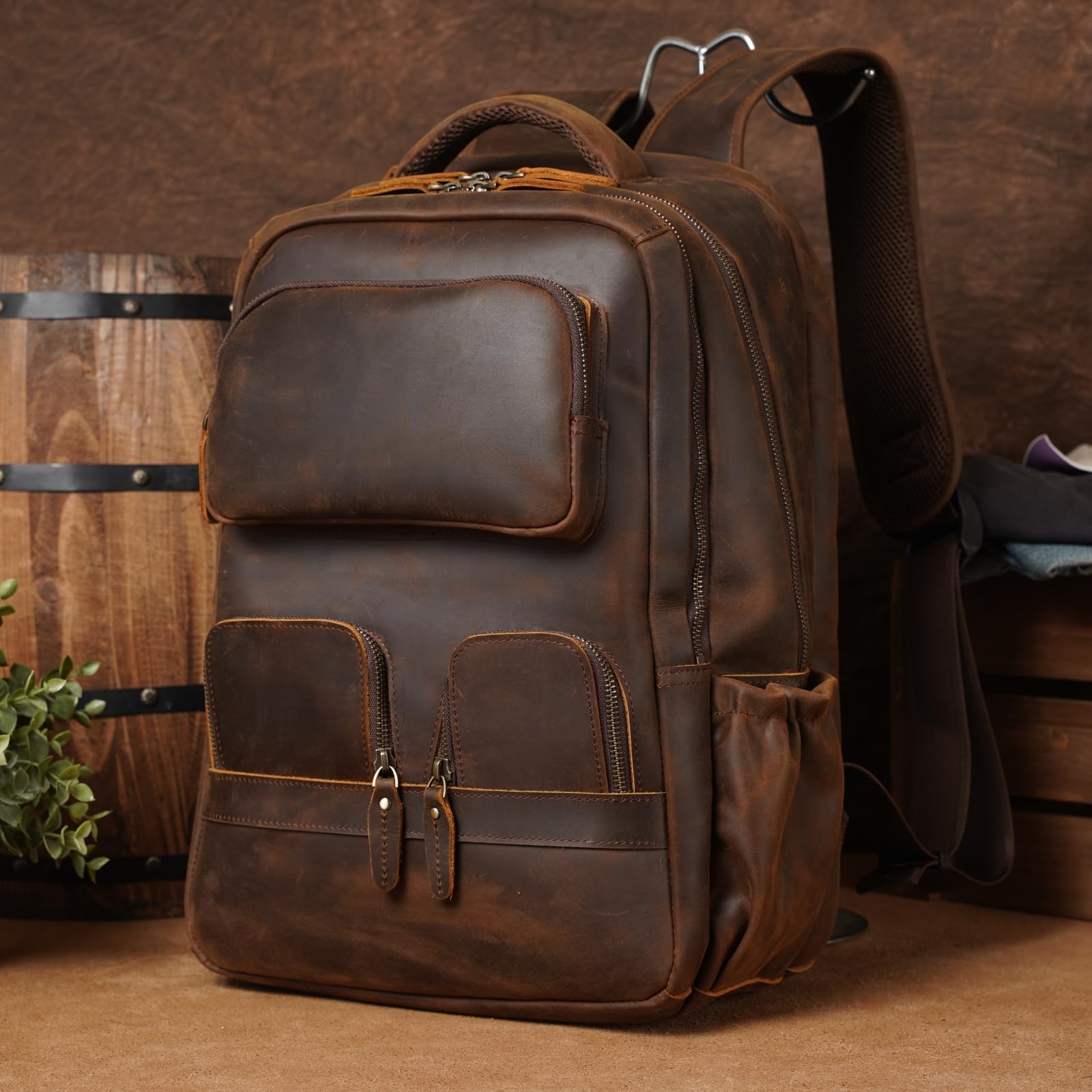 Masa Kawa Full Grain Leather 15.6β Laptop Backpack for Men Vintage Large Travel Rucksack Bag School Bookbag Daypack
