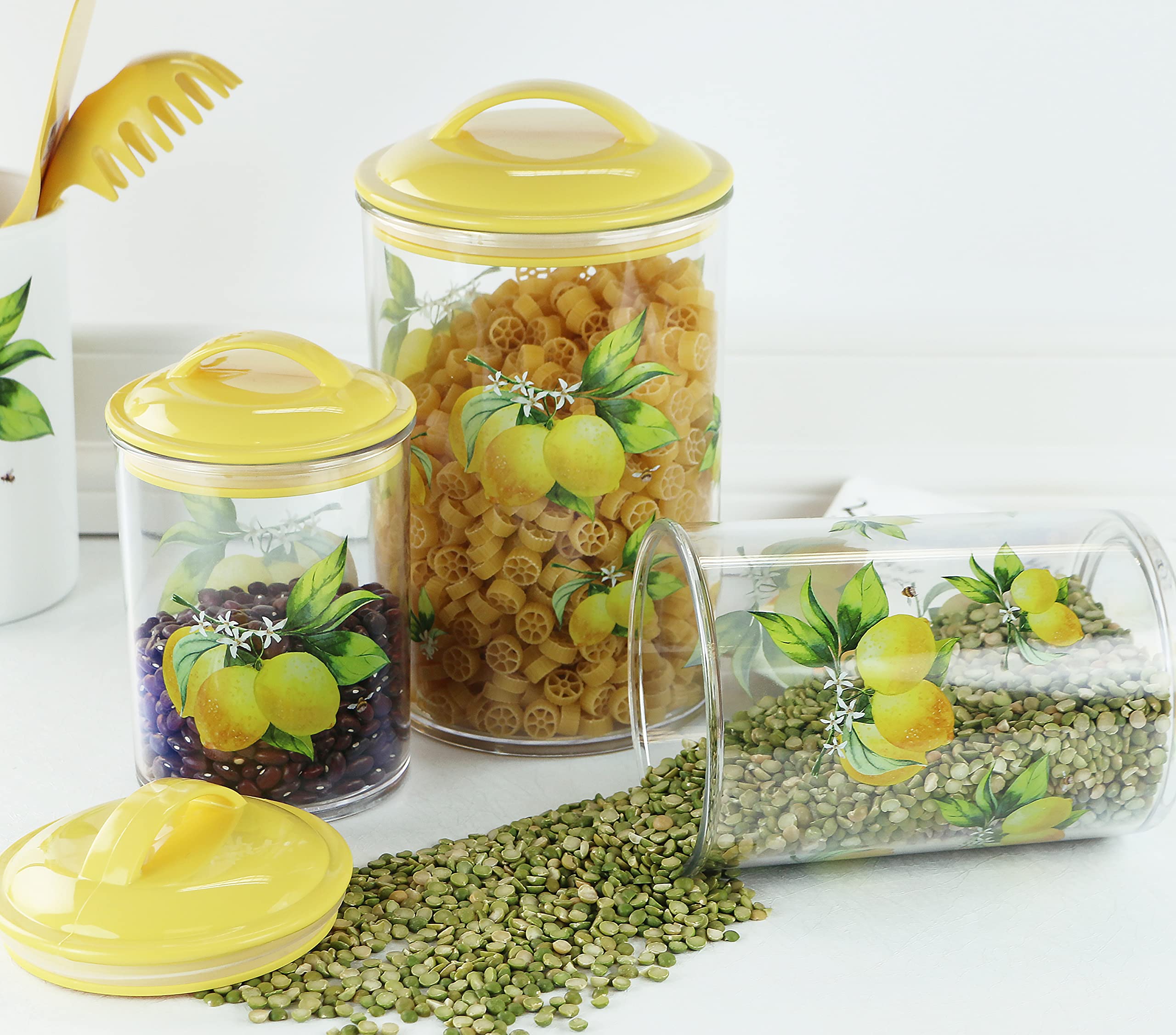 Reston Lloyd Calypso Basics, Airtight, Fresh Lemons with Honey Bees 6pc Acrylic Canister Set, Air Tight Lids, Set of 3, 11419