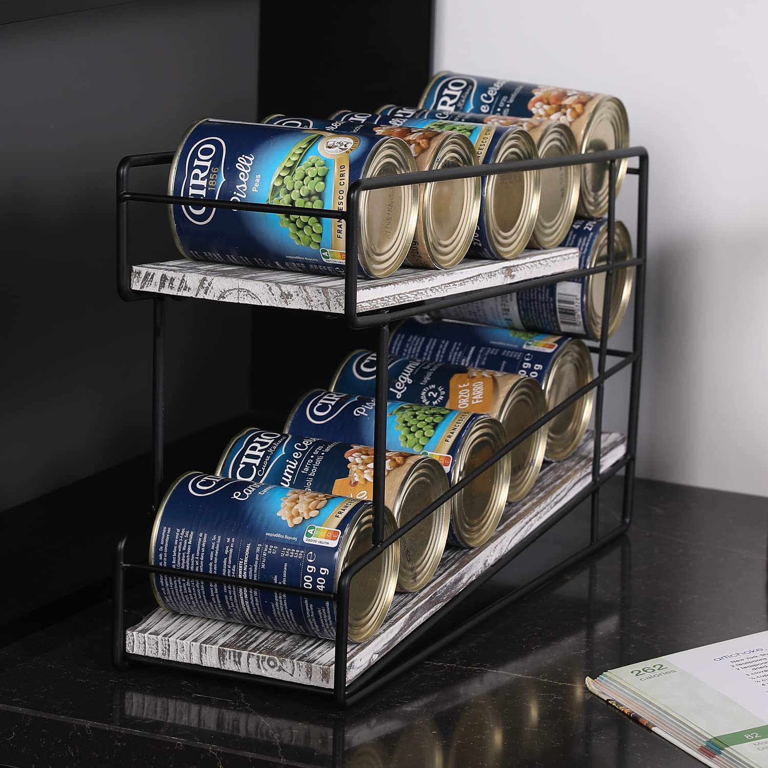 MyGift 2-Tier Rustic Torched Wood and Black Metal Wire Pantry Canned Food Dispenser Storage Organizer Rack
