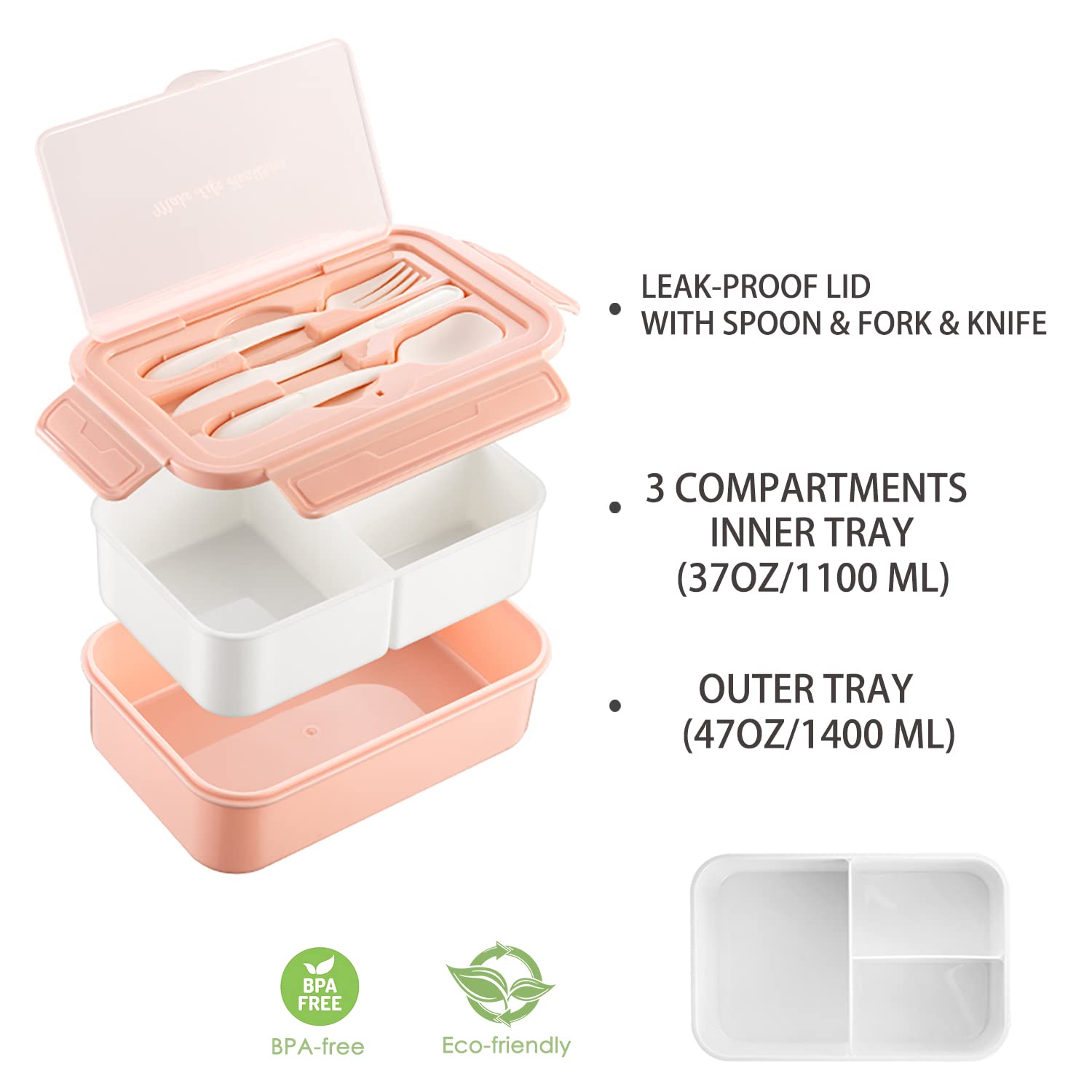 TACGEA Bento Box for Kids and Adults, Lunch Box 37oz Food Storage Container with Fork & Spoon, Knife, BPA Free, Microwave, Dishwasher Freezer Safe (Pink)
