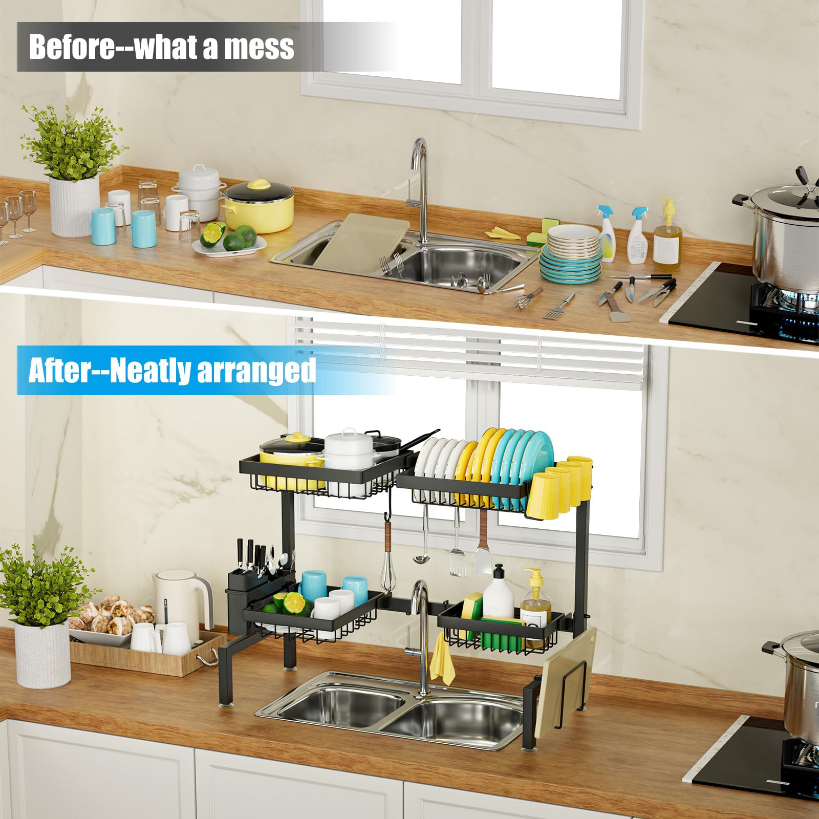 SNSLXH Four Baskets (one More Than Others) Large Sink Rack, 24.8"-35.4",Over The Sink Dish Drying Rack, Two-Tier Large Sink Rack for Kitchen, Retractable and Adjustable, Saving Kitchen Space