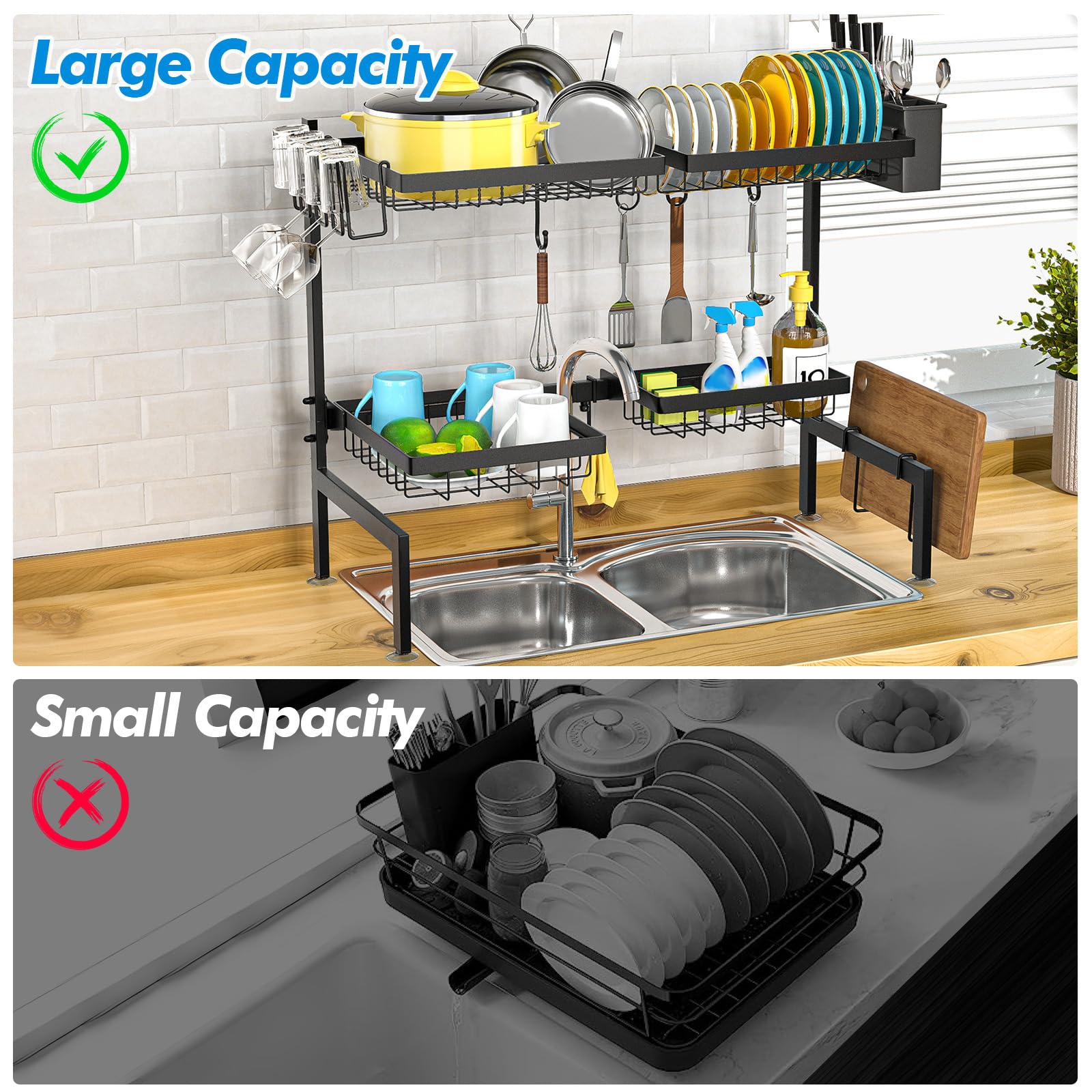 SNSLXH Four Baskets (one More Than Others) Large Sink Rack, 24.8"-35.4",Over The Sink Dish Drying Rack, Two-Tier Large Sink Rack for Kitchen, Retractable and Adjustable, Saving Kitchen Space