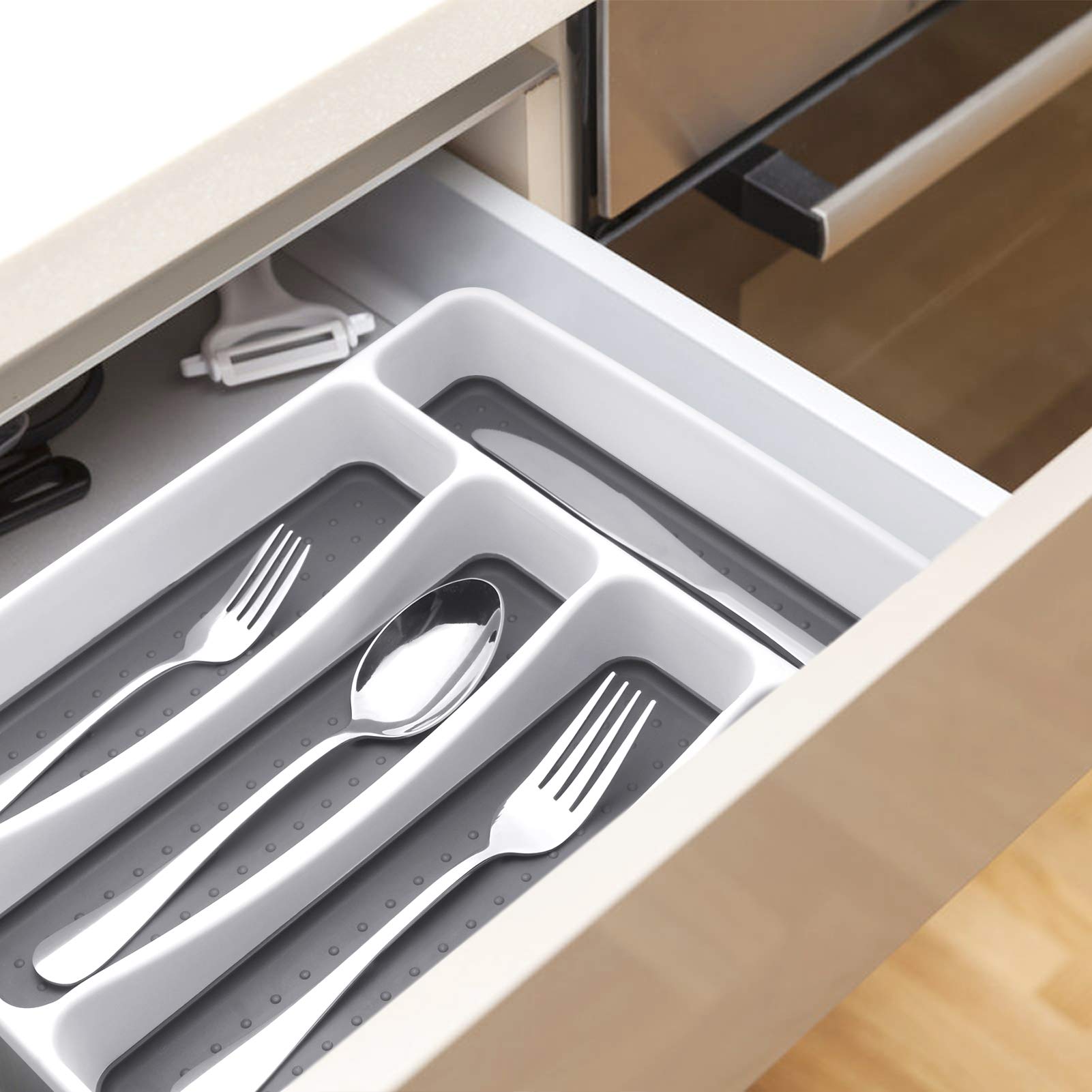 RayPard 24-Piece Silverware Set, Flatware Set Mirror Polished, Dishwasher Safe Service for 4, Include Fork/Spoon with 5-Compartment Non Slip Silverware Drawer Organizer Box Tray