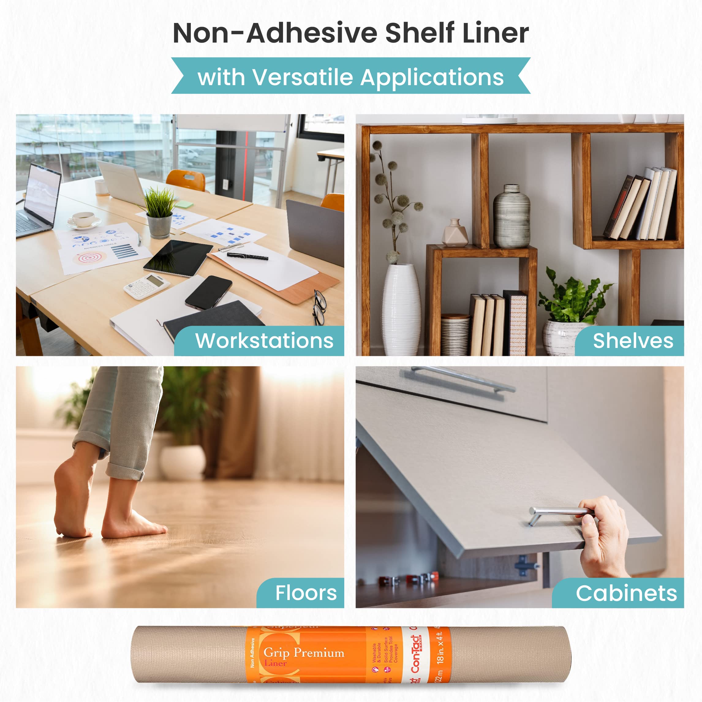 Con-Tact Brand Grip Premium Solid Thick Non-Adhesive Shelf and Drawer Liner, 18" x 4', Taupe, 6 Rolls