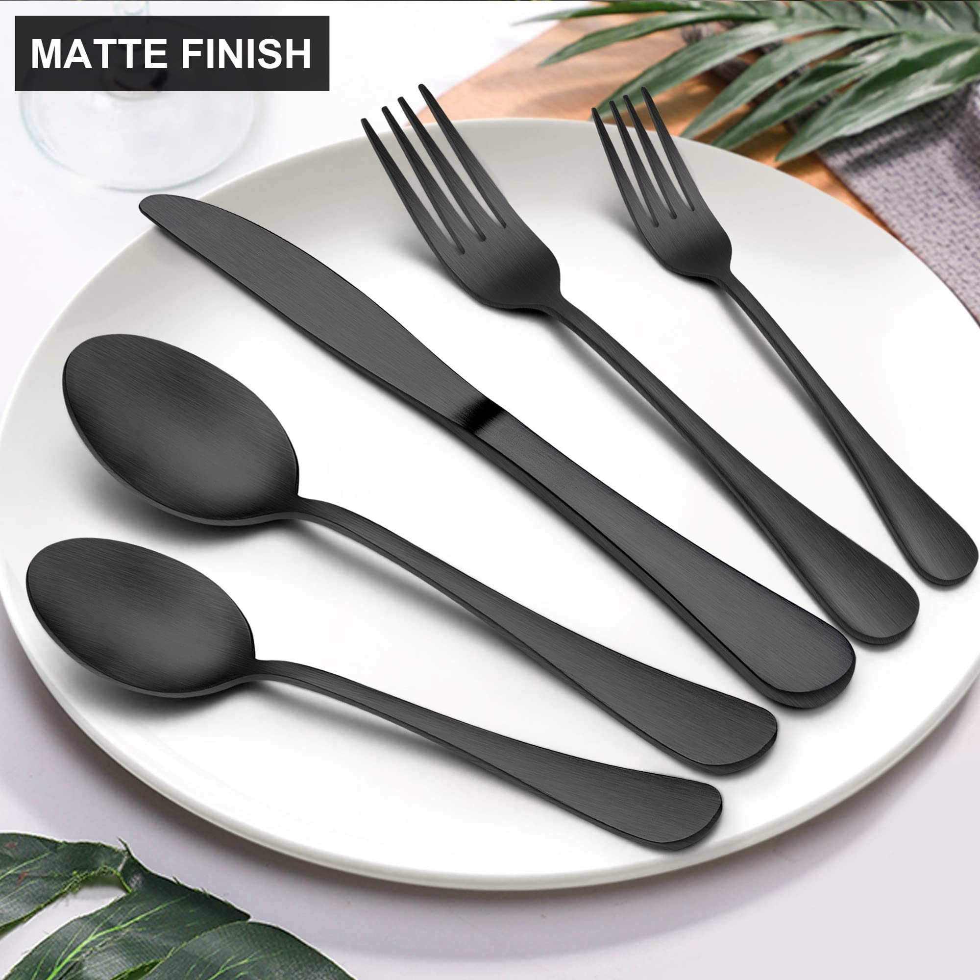 LIANYU 40 Piece Matte Black Silverware Set, Stainless Steel Black Flatware Cutlery Set for 8, Fancy Kitchen Utensil Tableware Set for Home Restaurant Party, Satin Finish, Dishwasher Safe