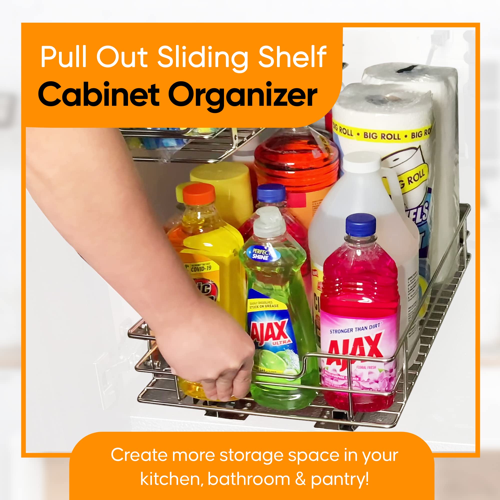 mRUB Pull Out Cabinet Organizer – Sliding Shelf Under Sink 2 Tier Organizer for Kitchen, Bathroom, Pantry – Heavy Duty Slide Out Shelves Storage Organizer (16.33” x 11.33” x 13.23”)
