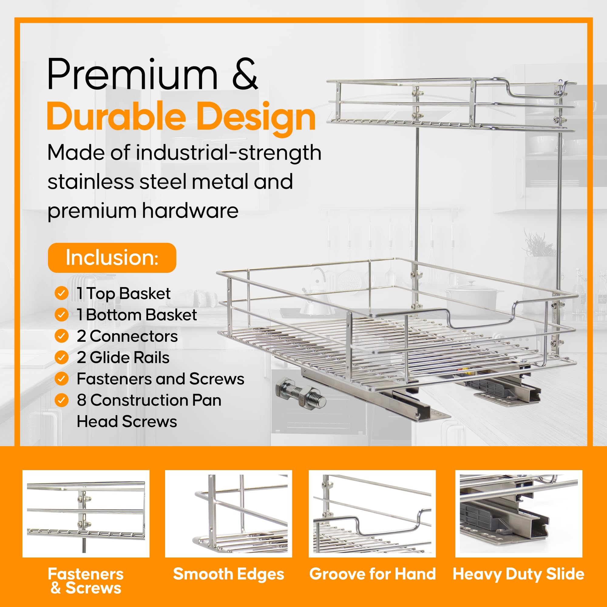 mRUB Pull Out Cabinet Organizer – Sliding Shelf Under Sink 2 Tier Organizer for Kitchen, Bathroom, Pantry – Heavy Duty Slide Out Shelves Storage Organizer (16.33” x 11.33” x 13.23”)