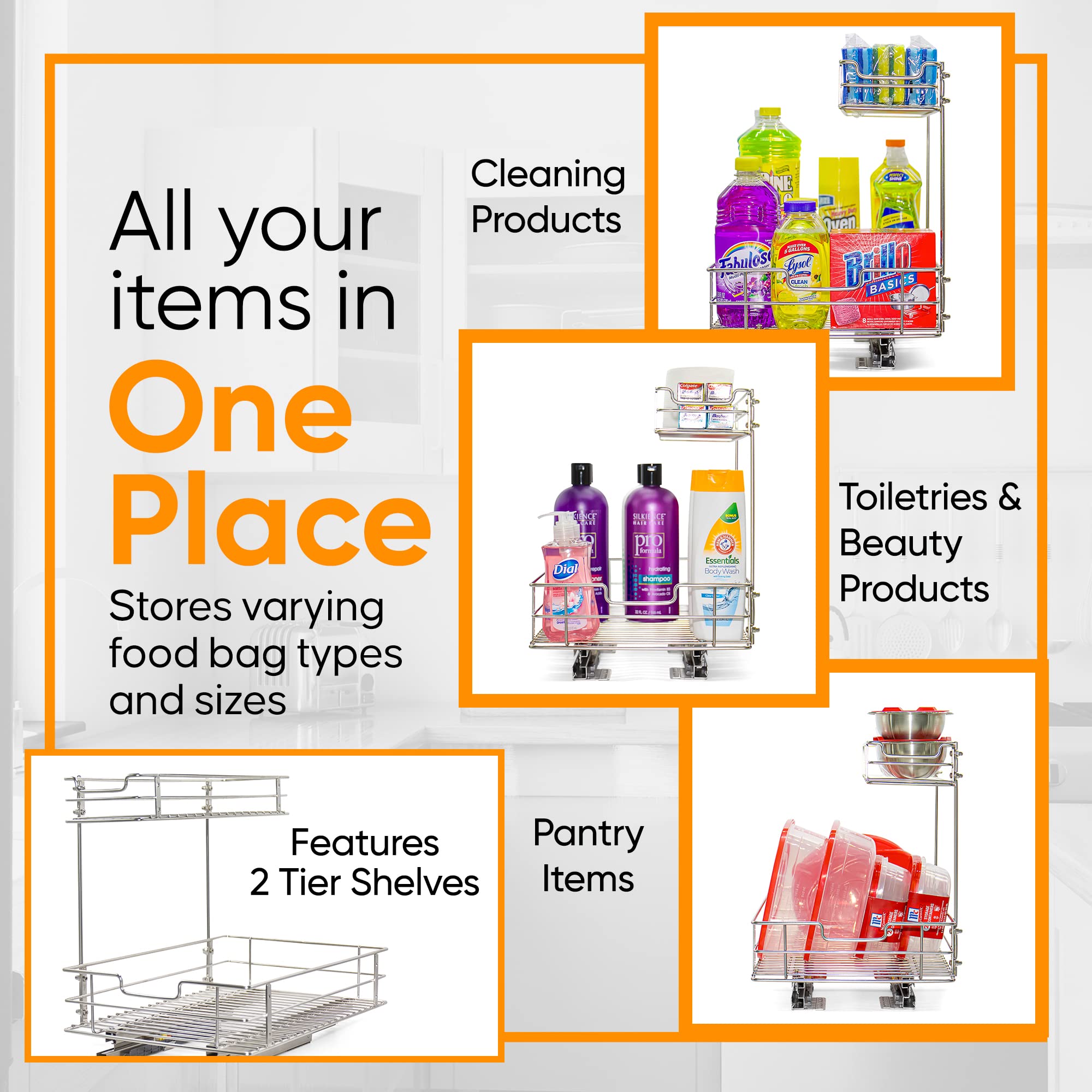 mRUB Pull Out Cabinet Organizer – Sliding Shelf Under Sink 2 Tier Organizer for Kitchen, Bathroom, Pantry – Heavy Duty Slide Out Shelves Storage Organizer (16.33” x 11.33” x 13.23”)