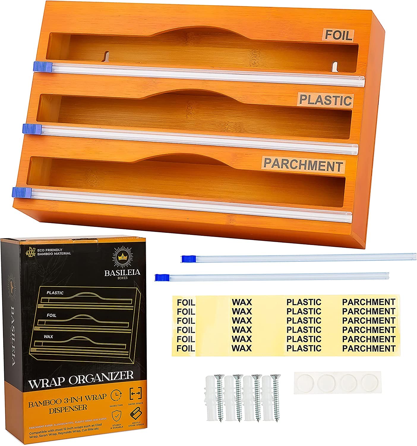 BASILEIA 3 in 1 Plastic Wrap Dispenser with Cutter - Bamboo Foil Organizer with 2 Extra Cutters & 24 Label for Cling Wrap, Aluminum Foil, Wax & Parchment Paper-Rolls up to 12"